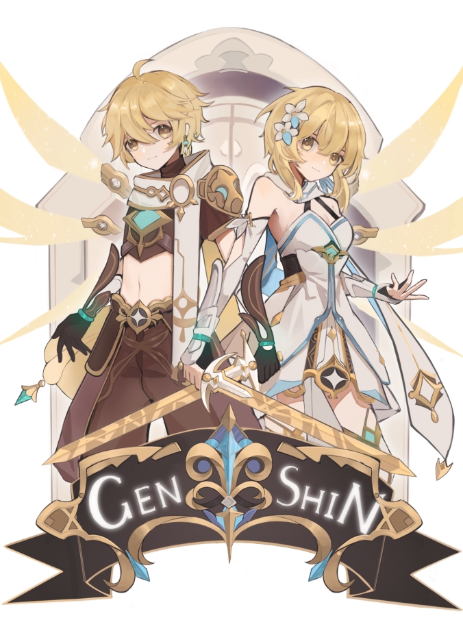 Safebooru - 1boy 1girl aether (genshin impact) ahoge armor bare shoulders blonde hair dress ...