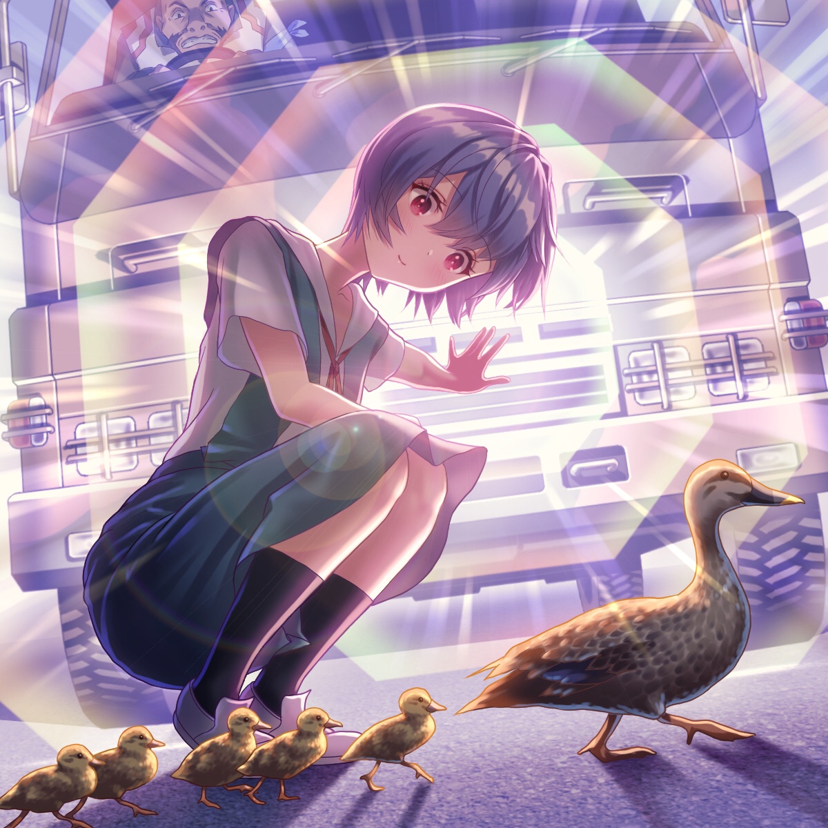 Safebooru - 1boy 1girl \||/ at field ayanami rei bangs beard bird black ...