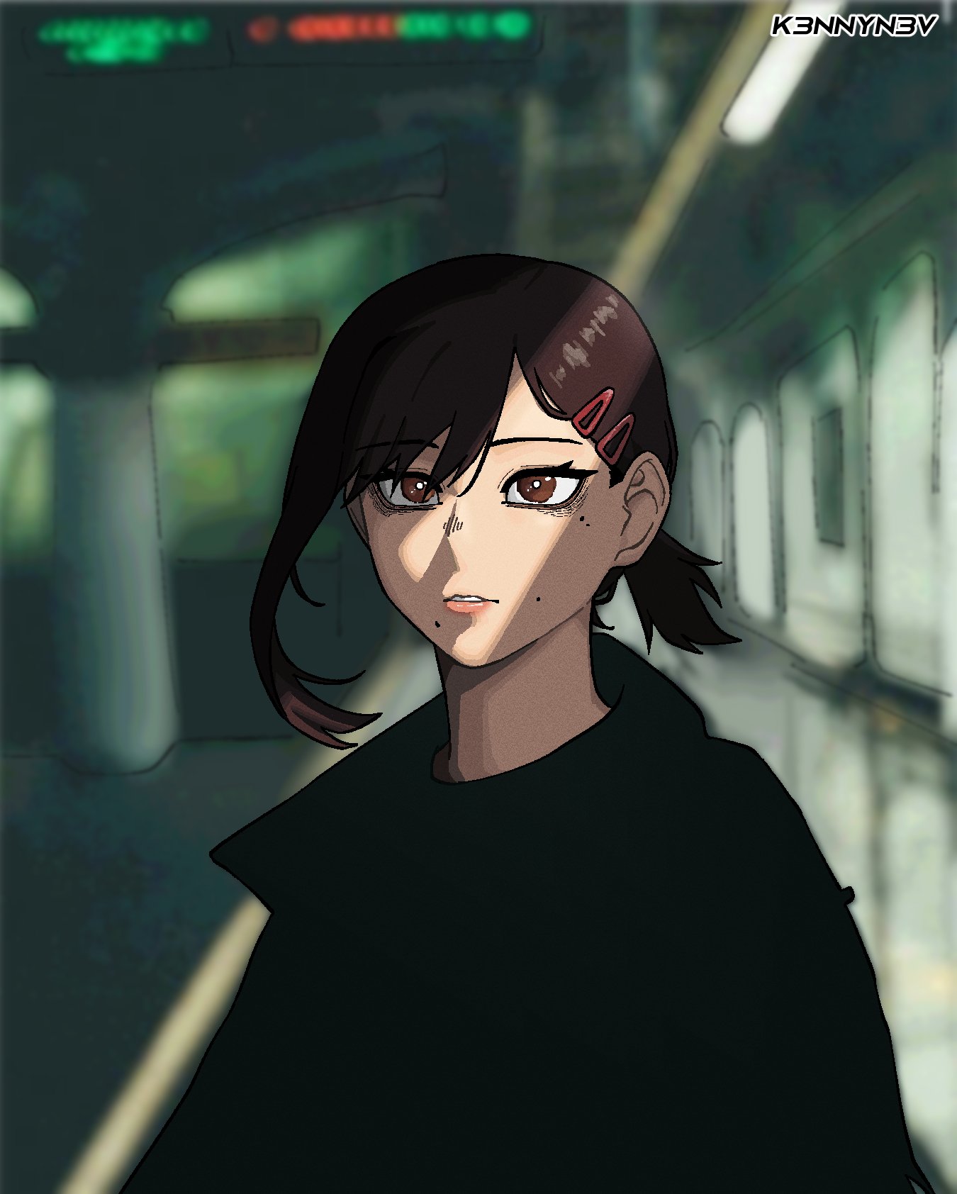 Safebooru - 1girl artist name bangs black hair black jacket blurry blurry background chainsaw ...