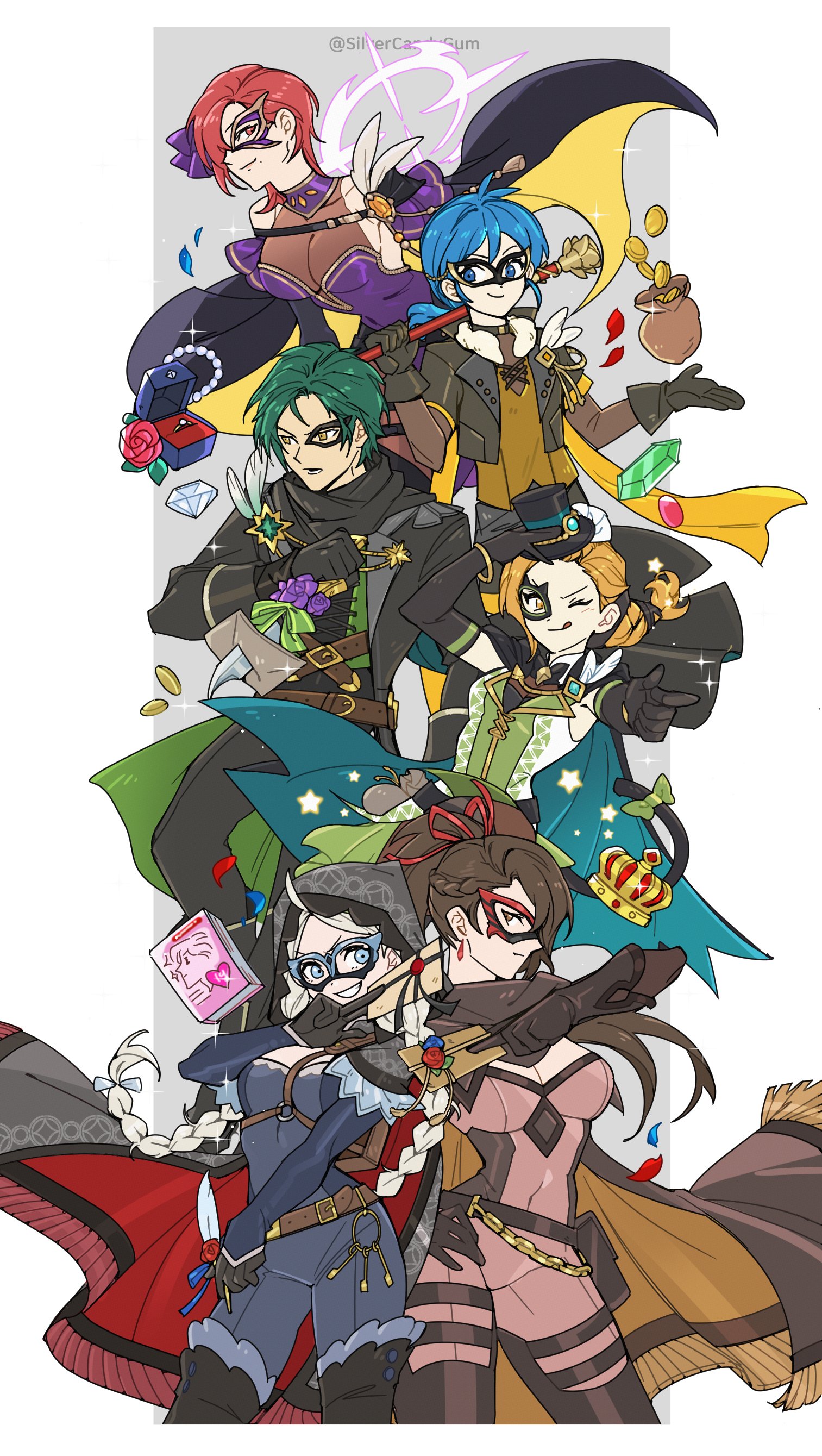 Safebooru - 2boys 4girls absurdres ahoge bangs black gloves blue ...