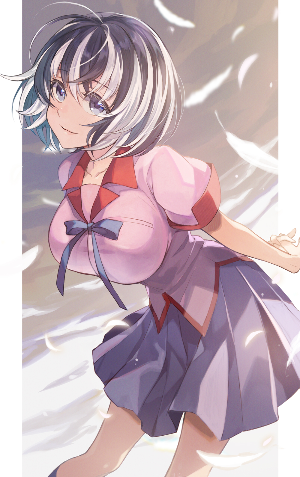 Safebooru - 1girl black hair black ribbon blue eyes breasts feathers hanekawa tsubasa highres ...