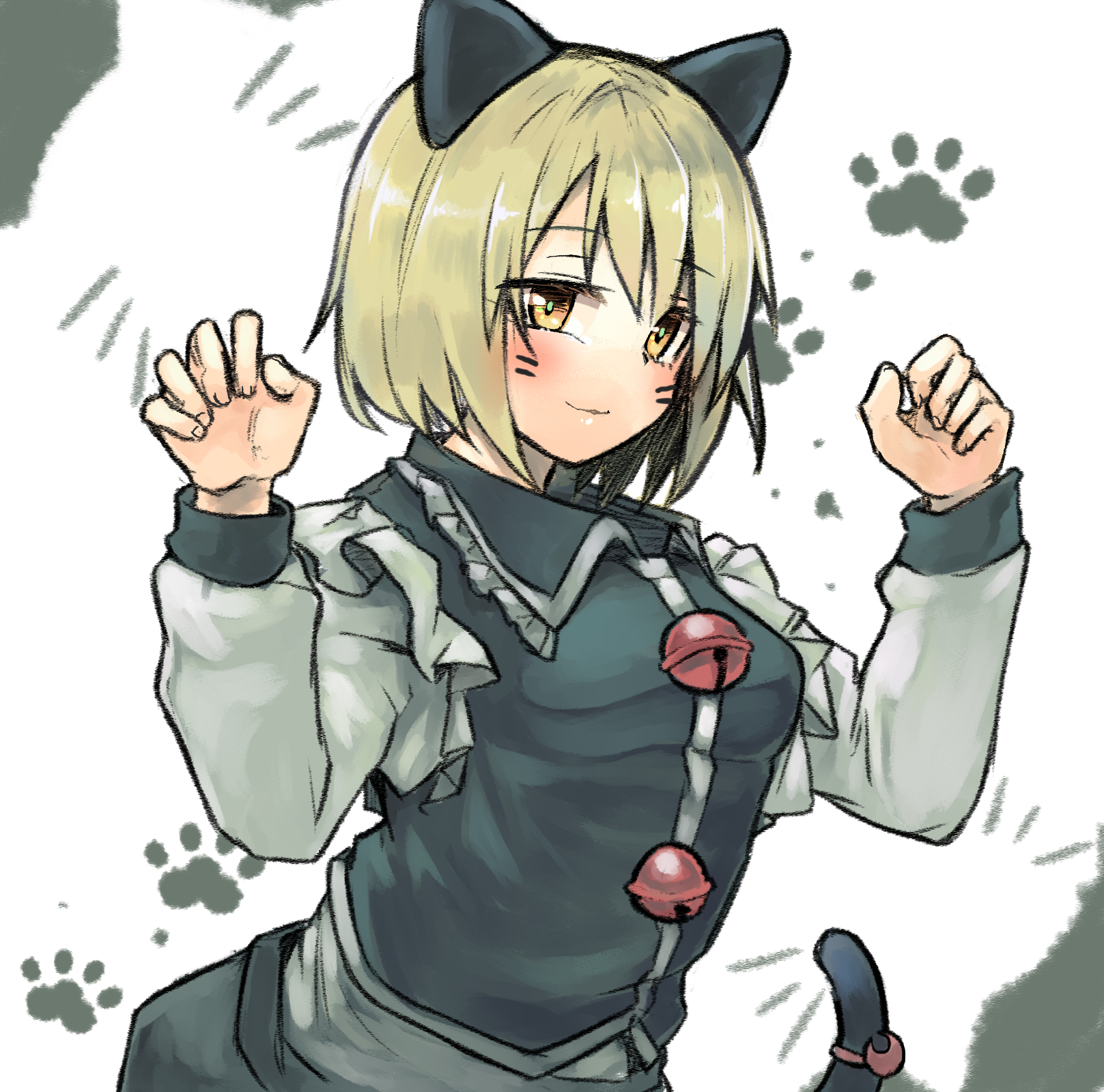 Safebooru - 1girl animal ears bangs bell black vest blonde hair cat ears cat tail clenched hands ...