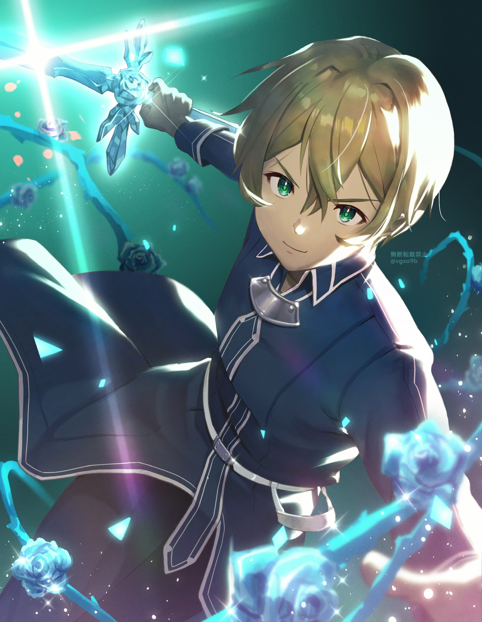 Safebooru - 1boy bangs black pants blonde hair blue coat blue rose sword closed mouth coat eugeo ...