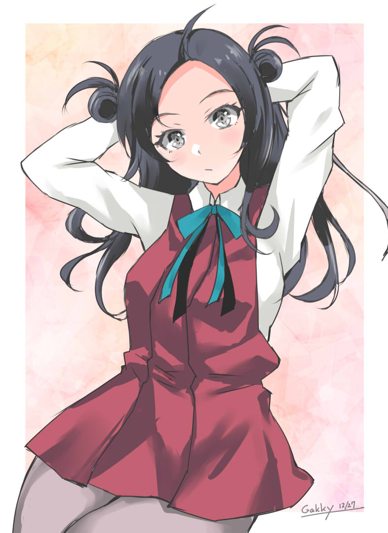 Safebooru - 1girl ahoge arms behind head black hair blue ribbon breasts cowboy shot double bun ...
