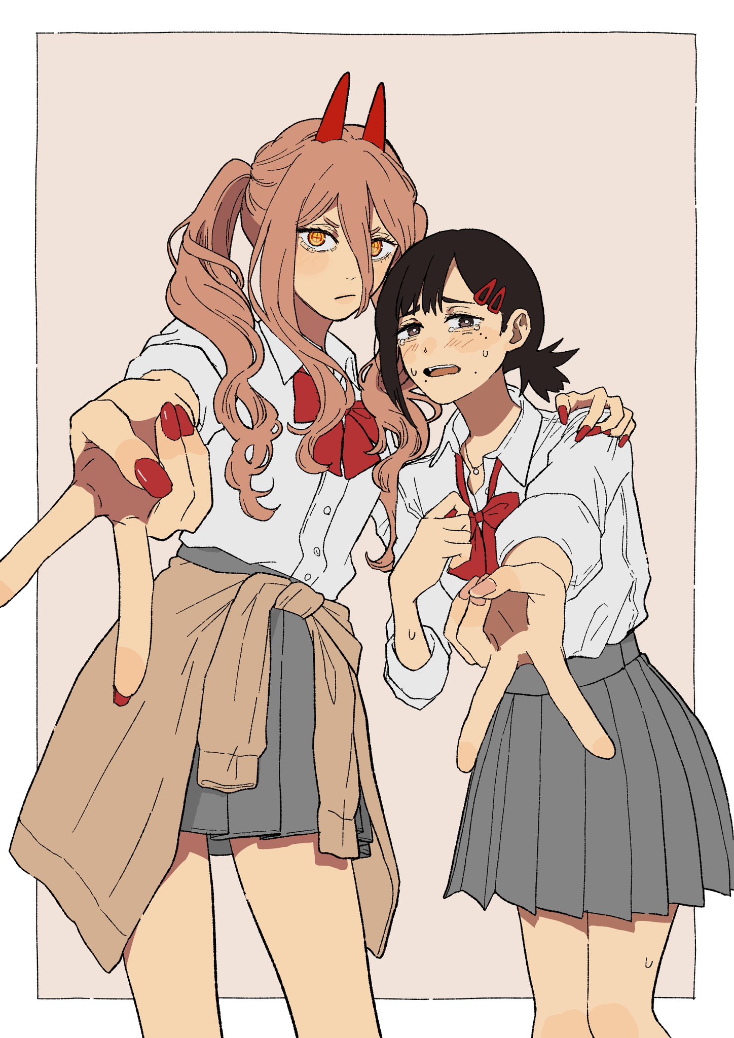 Safebooru - 2girls bangs black hair border brown background brown hair chainsaw man clothes ...