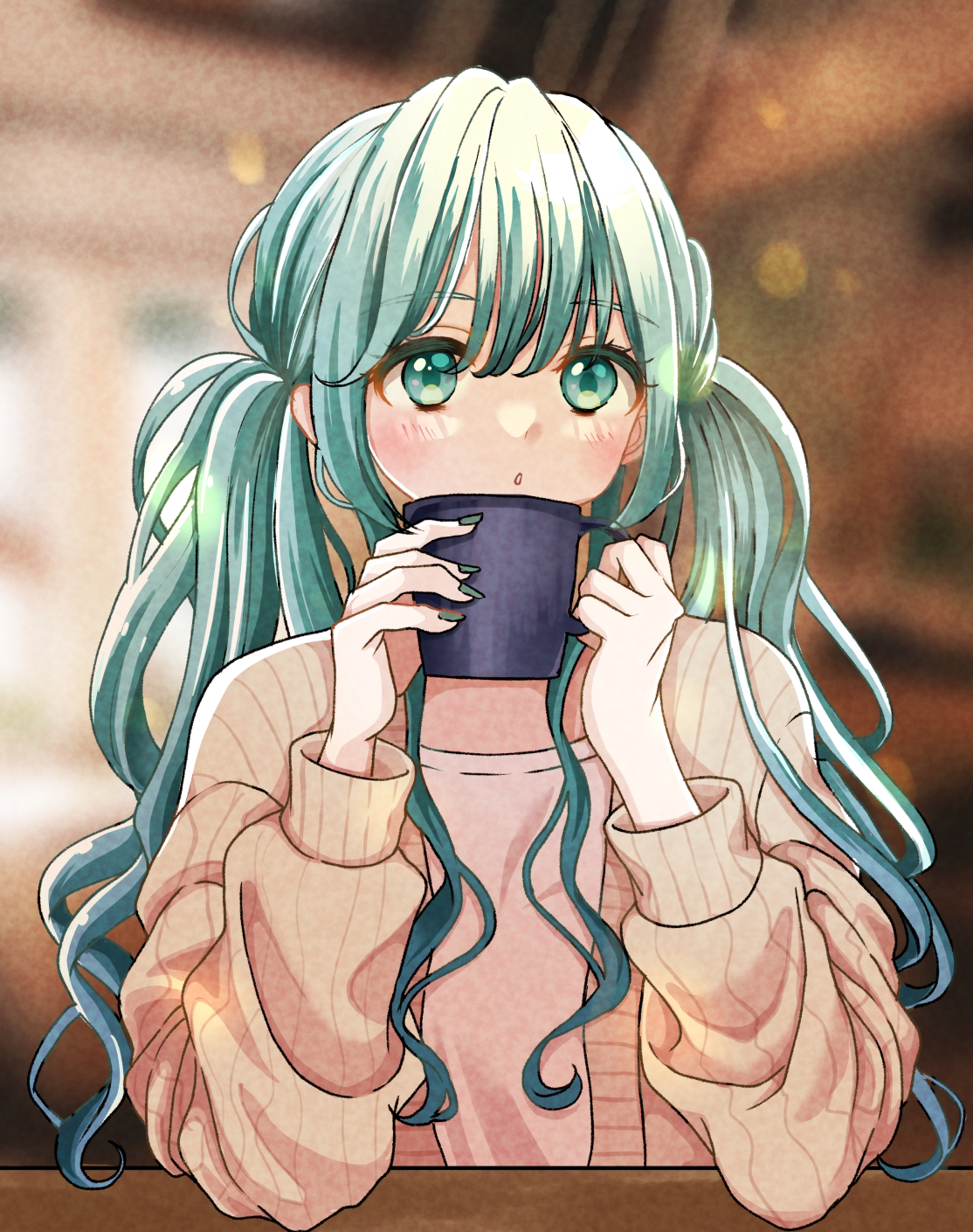 Safebooru - 1girl bangs blowing steam blunt bangs blurry blurry background bokeh cafe cardigan ...