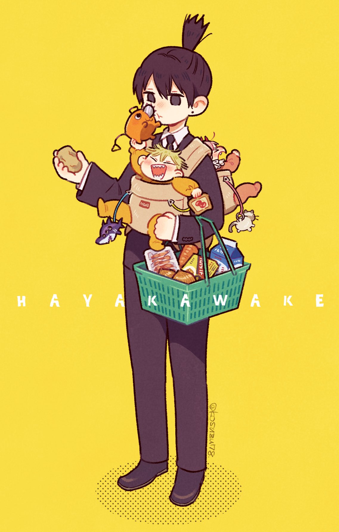 Safebooru - 1girl 2boys baby carrier babywearing bangs beam (chainsaw man) black footwear black ...