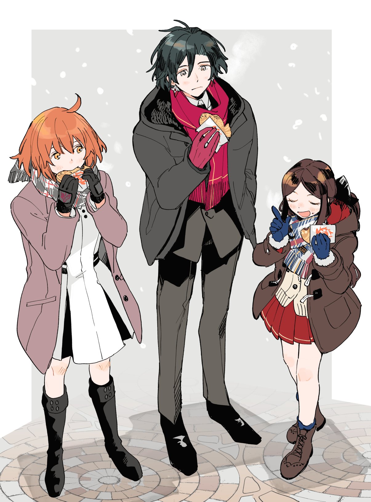 Safebooru - 1boy 2girls :d ahoge ankle boots bangs black bow black footwear black gloves black ...