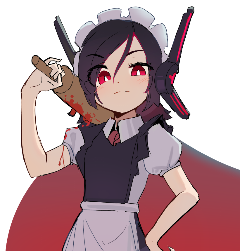 Safebooru - 1girl :/ apron bangs black dress black hair blood blood on weapon blush cape ...