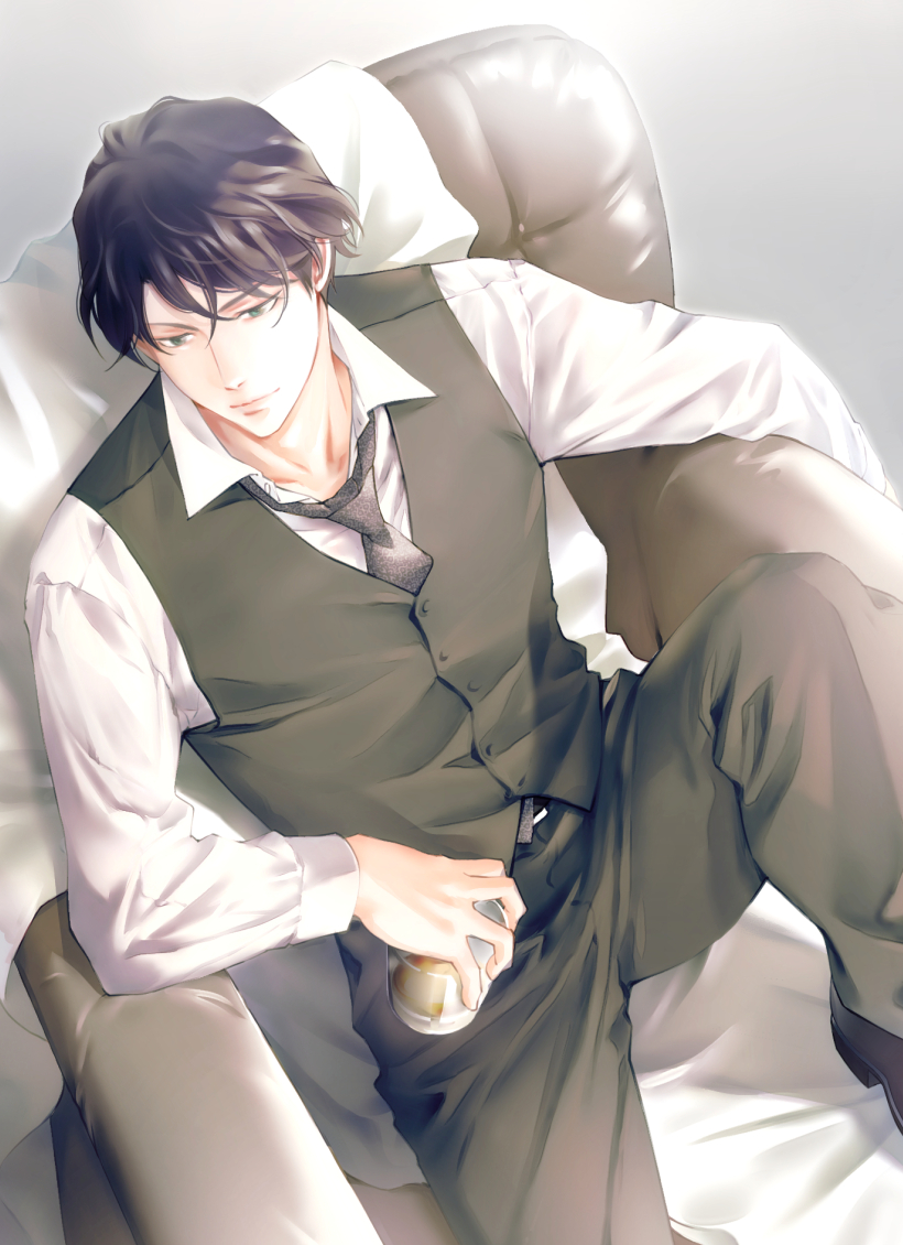 Safebooru - 1boy black hair black necktie black pants black vest can chair formal holding ...