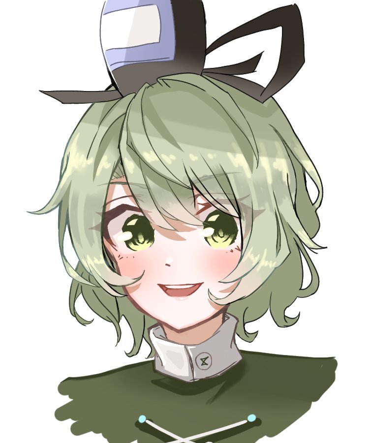 Safebooru - 1girl :d bangs black headwear commentary request green eyes ...