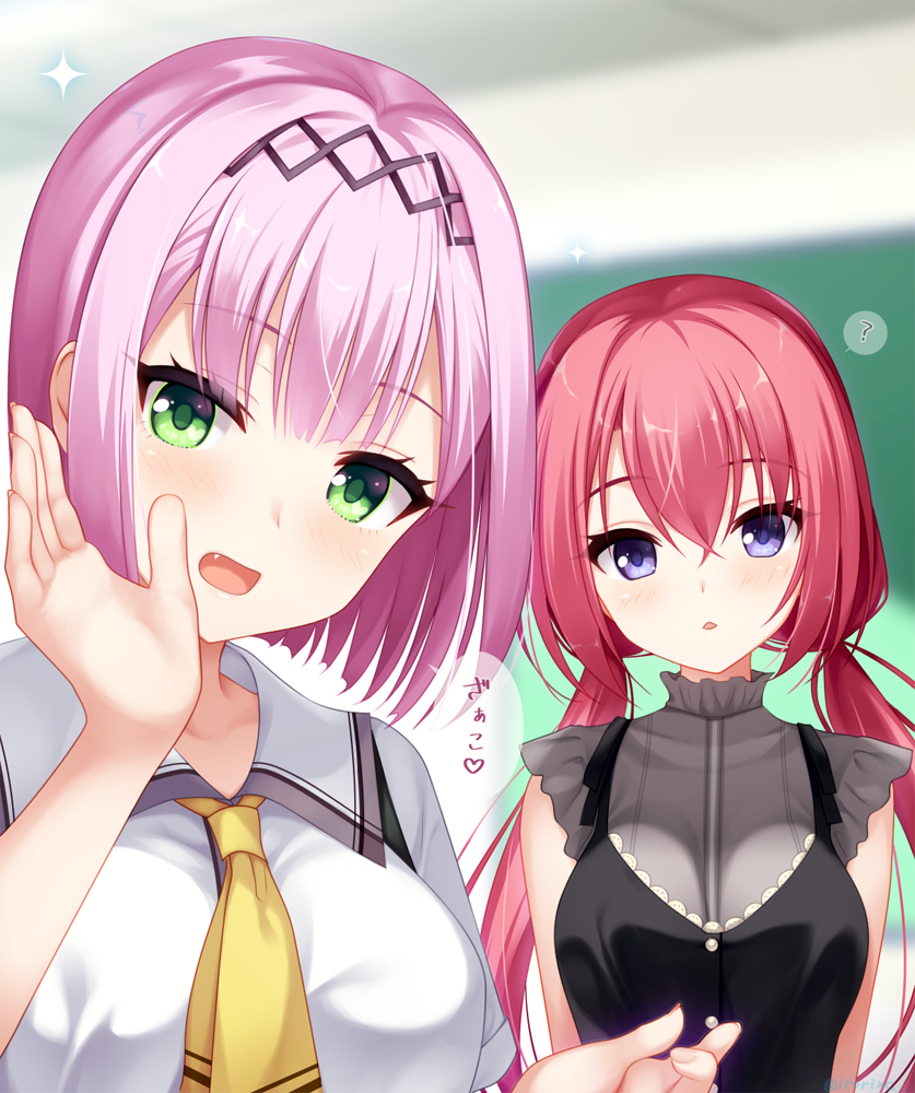 Safebooru - 2girls :o ? bangs black dress black hairband blue eyes blunt bangs blurry blurry ...