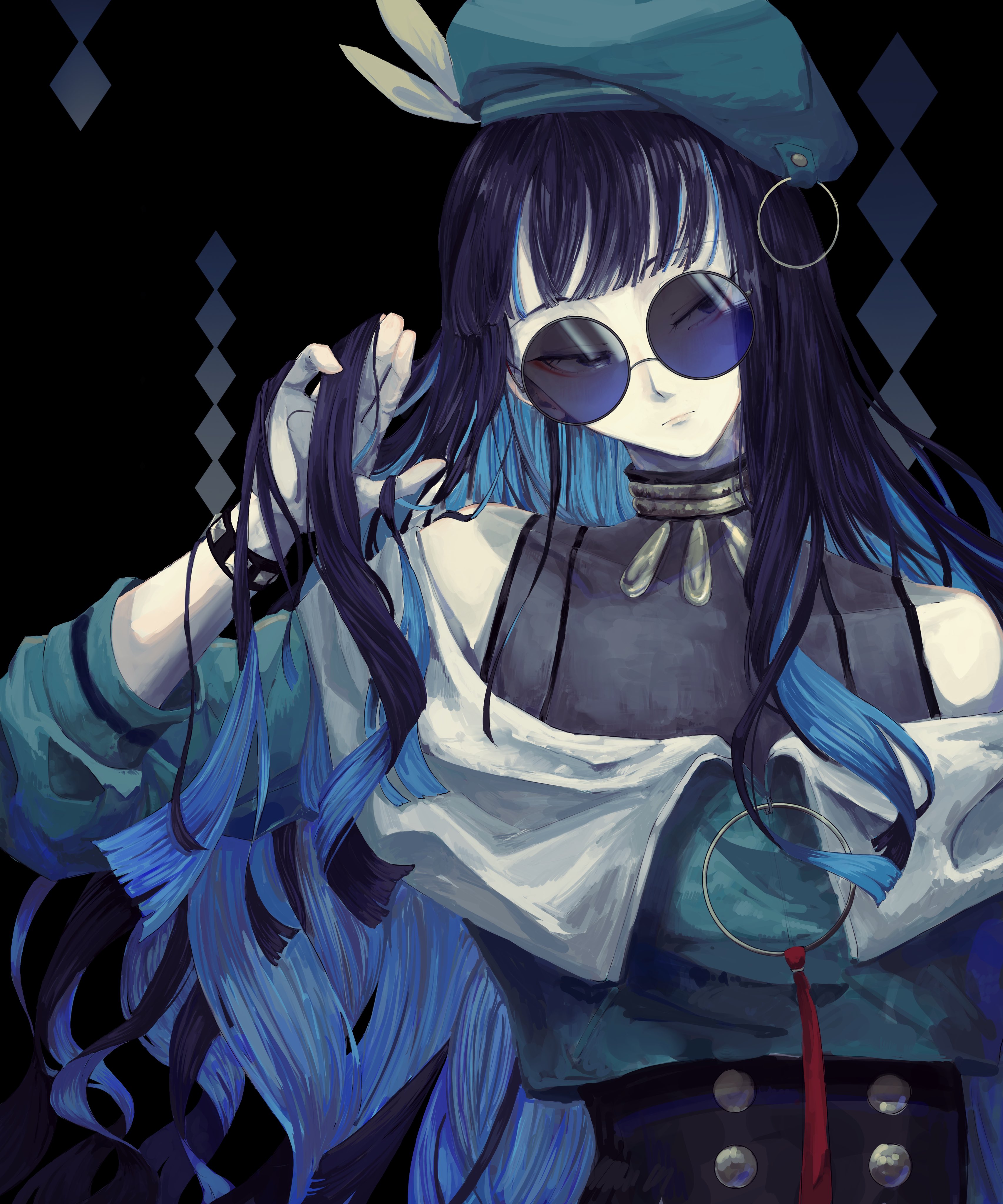 Safebooru - absurdres beret black hair blue-tinted eyewear blue hair bracer facepaint fate/grand ...