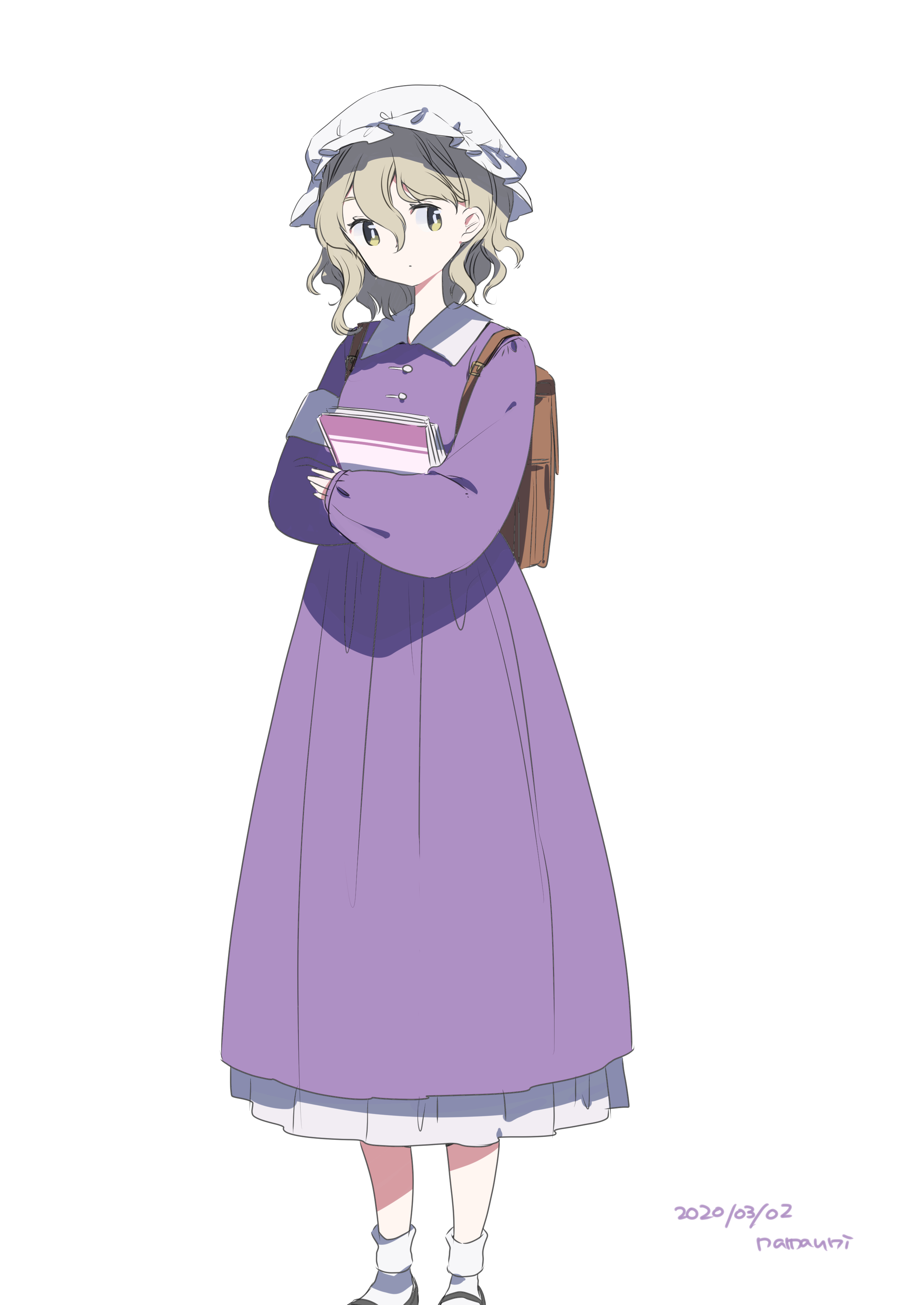 Safebooru - 1girl absurdres artist name backpack bag bangs black footwear blonde hair book ...