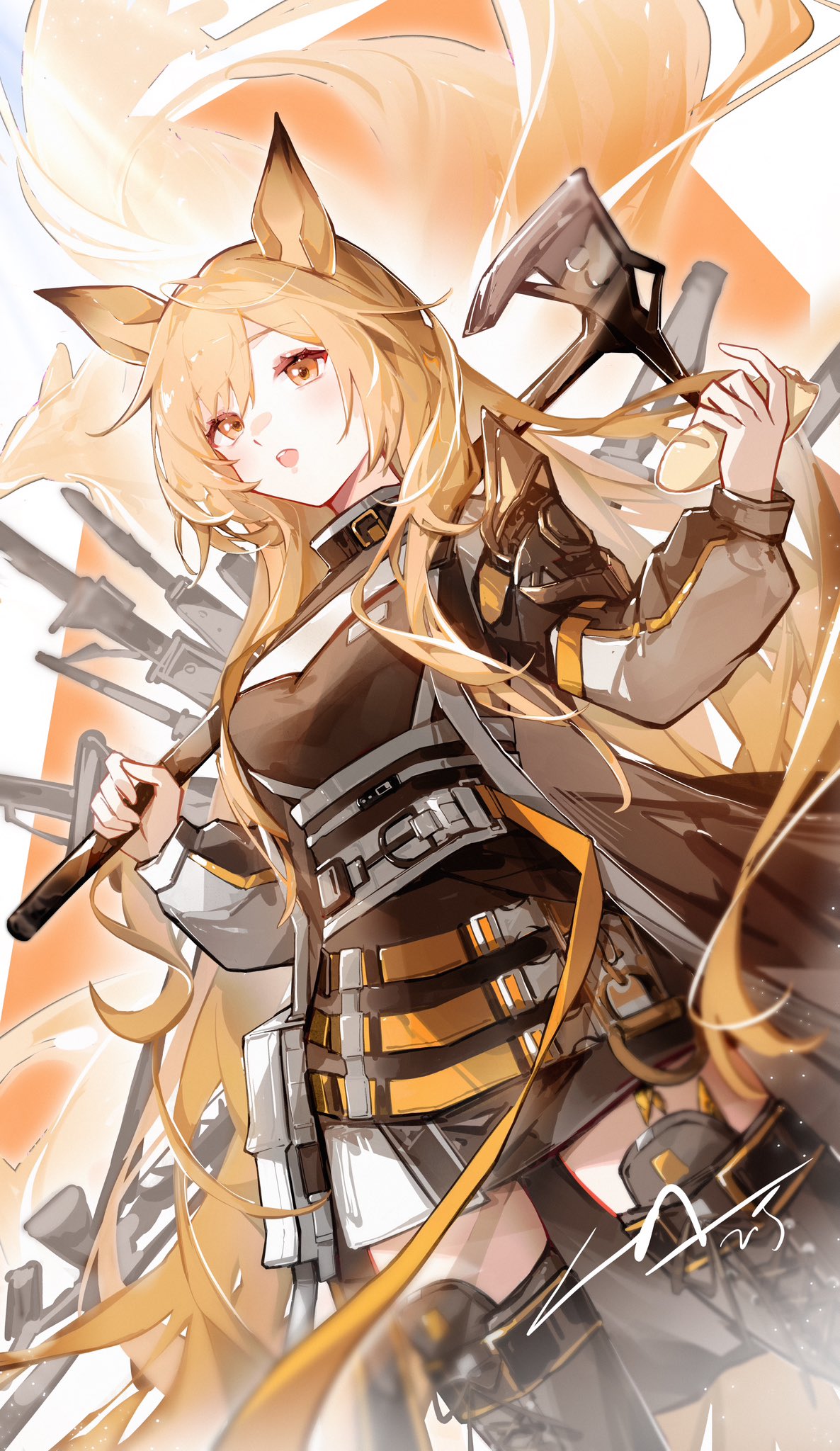 Safebooru - 1girl animal ears arknights axe bangs belt bread brown eyes brown hair ceobe ...