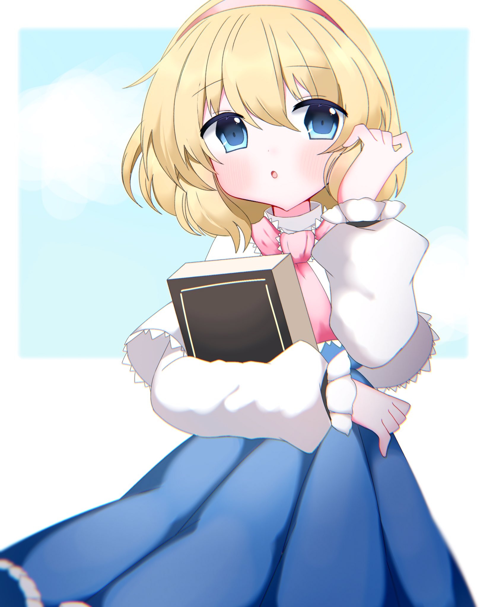 Safebooru - 1girl alice margatroid blonde hair blue eyes blue skirt blue sky blush book hairband ...