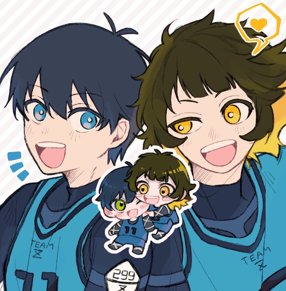 Safebooru - 2boys bachira meguru bangs black hair blonde hair blue eyes blue lock blue shirt ...