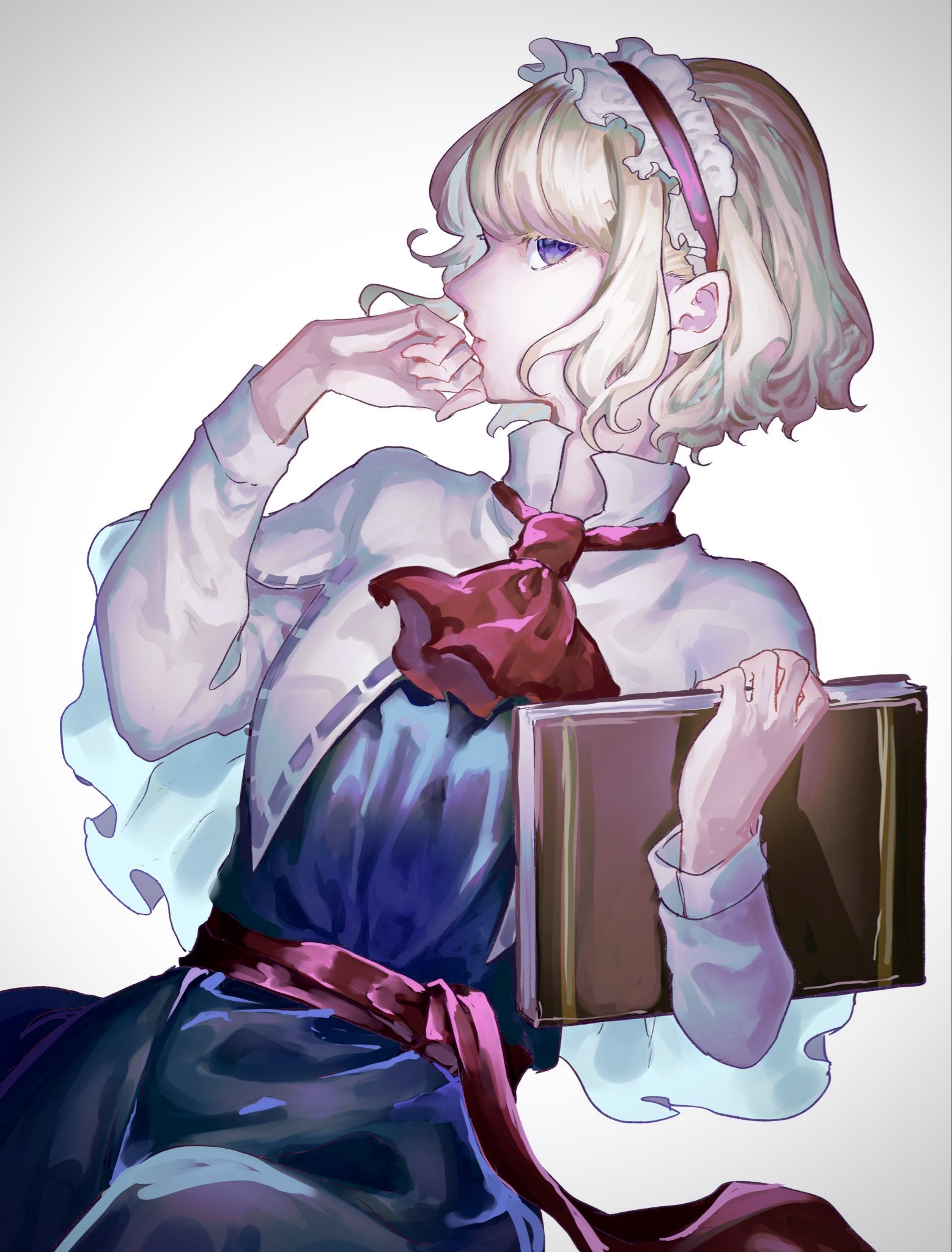 Safebooru - 1girl alice margatroid ascot blonde hair blue dress blue eyes book capelet closed ...