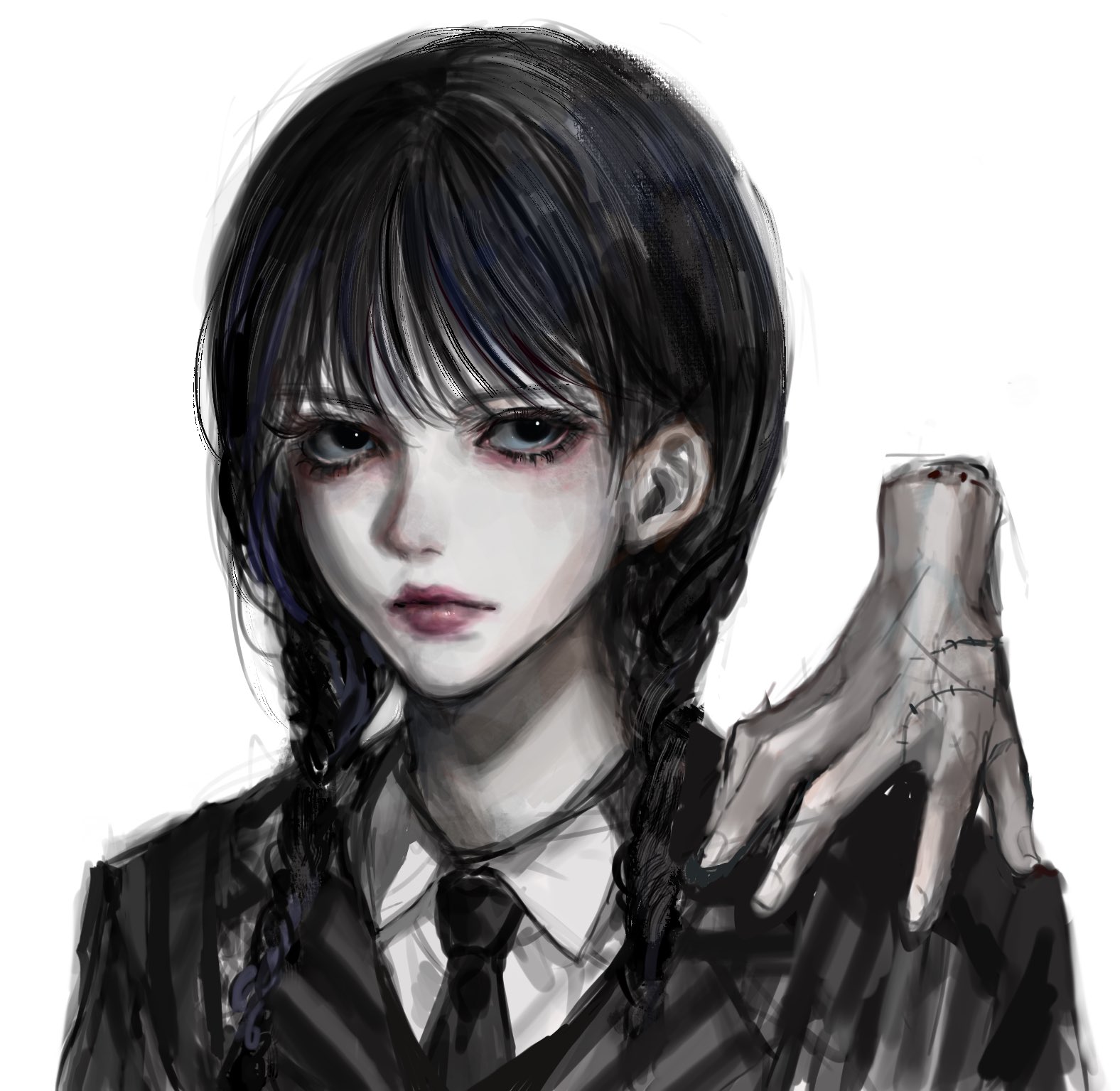 Safebooru - 1girl 1other addams family bangs black eyes black hair braid commentary disembodied ...