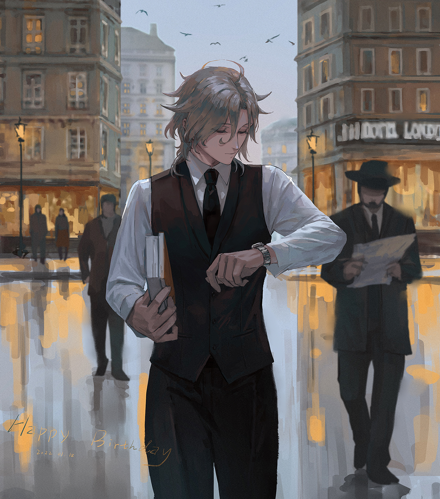 Safebooru - 1boy ahoge black necktie black pants black vest brown hair collared shirt ...