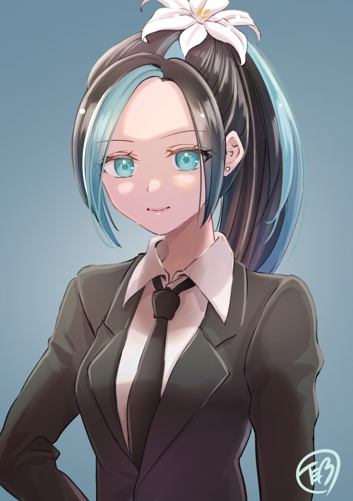 Safebooru - 1girl bangs black hair black jacket black necktie blue background blue eyes blue ...