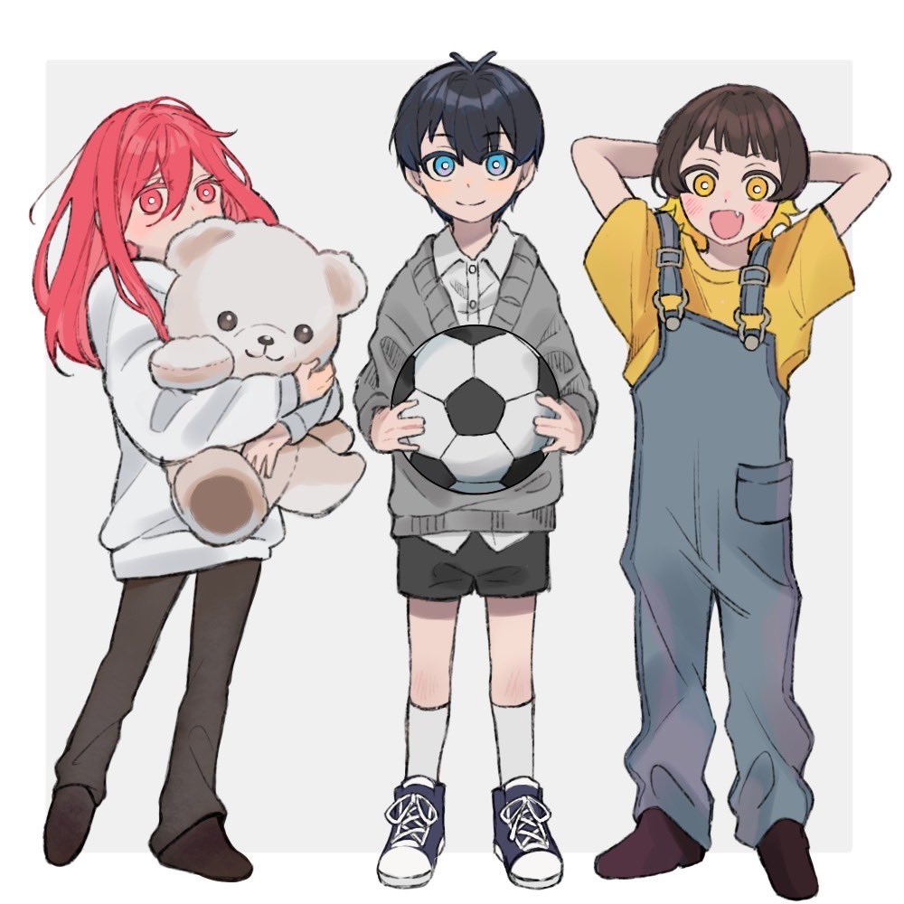 Safebooru - 3boys aged down arms behind head bachira meguru ball bangs black hair black pants ...