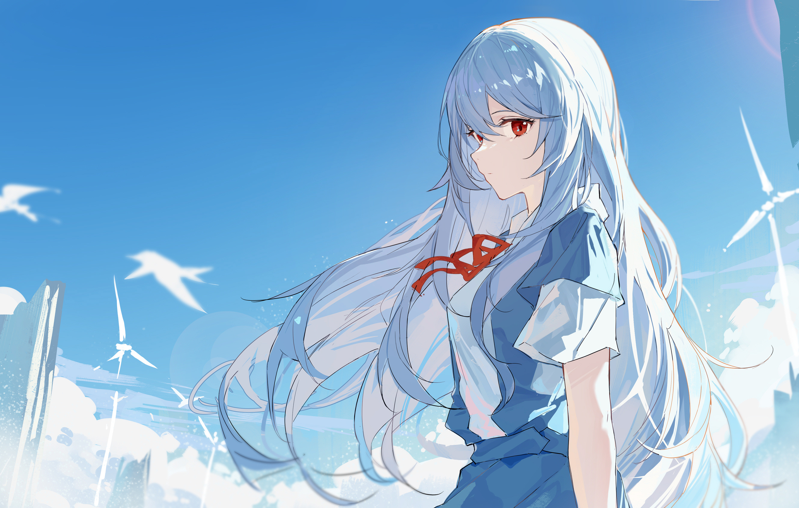 Safebooru - 1girl ayanami rei bangs blue background blue hair blue skirt blue sky closed mouth ...