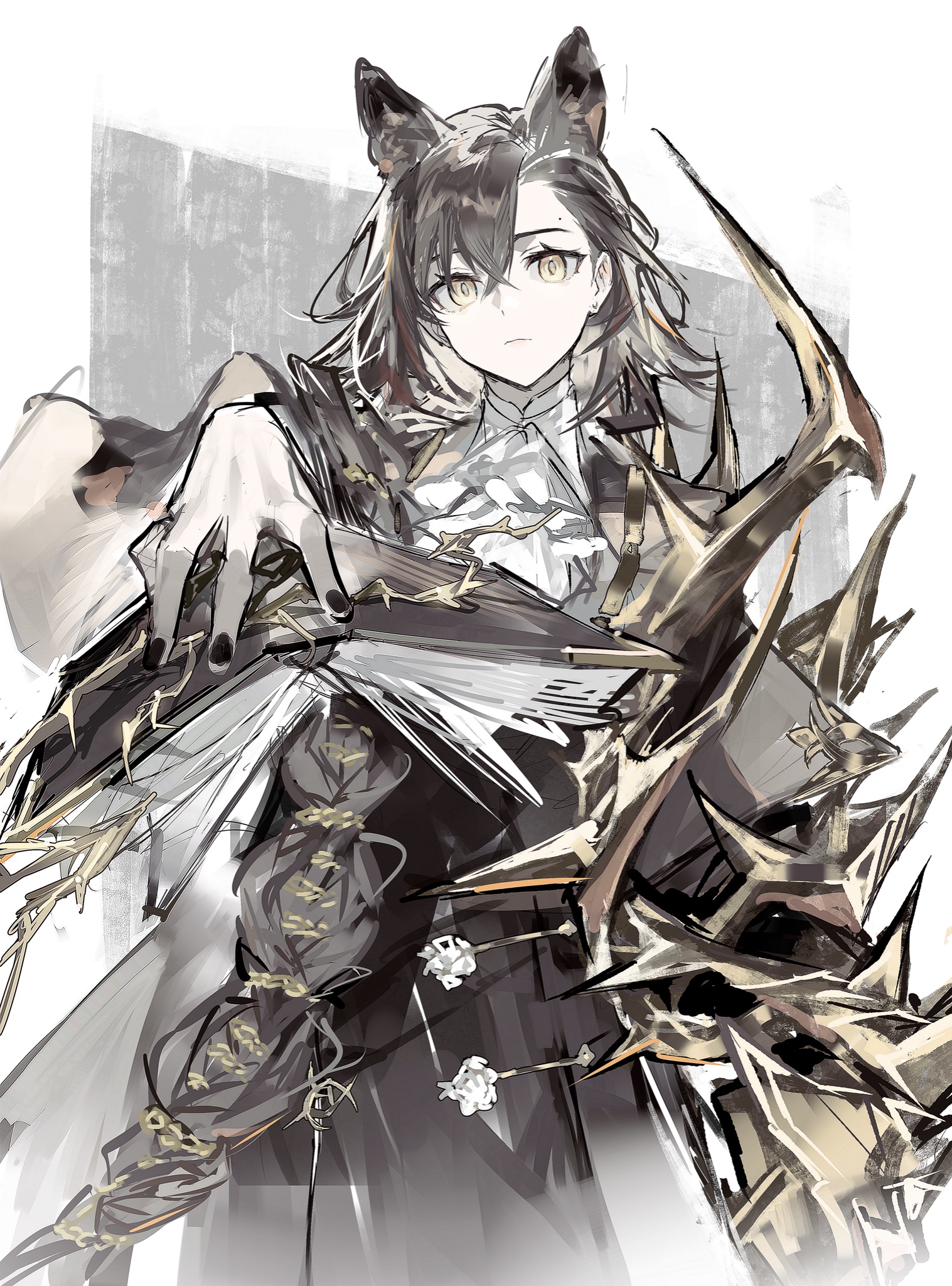 Safebooru - 1girl animal ears arknights arm at side ascot asymmetrical bangs bangs black capelet ...