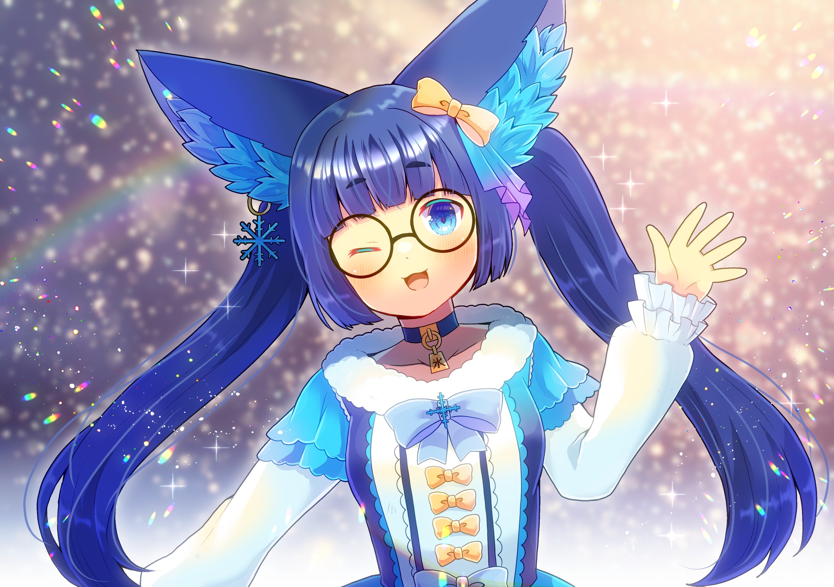 Safebooru - 1girl ;d animal ear fluff animal ears bell black-framed eyewear blue bow blue choker ...