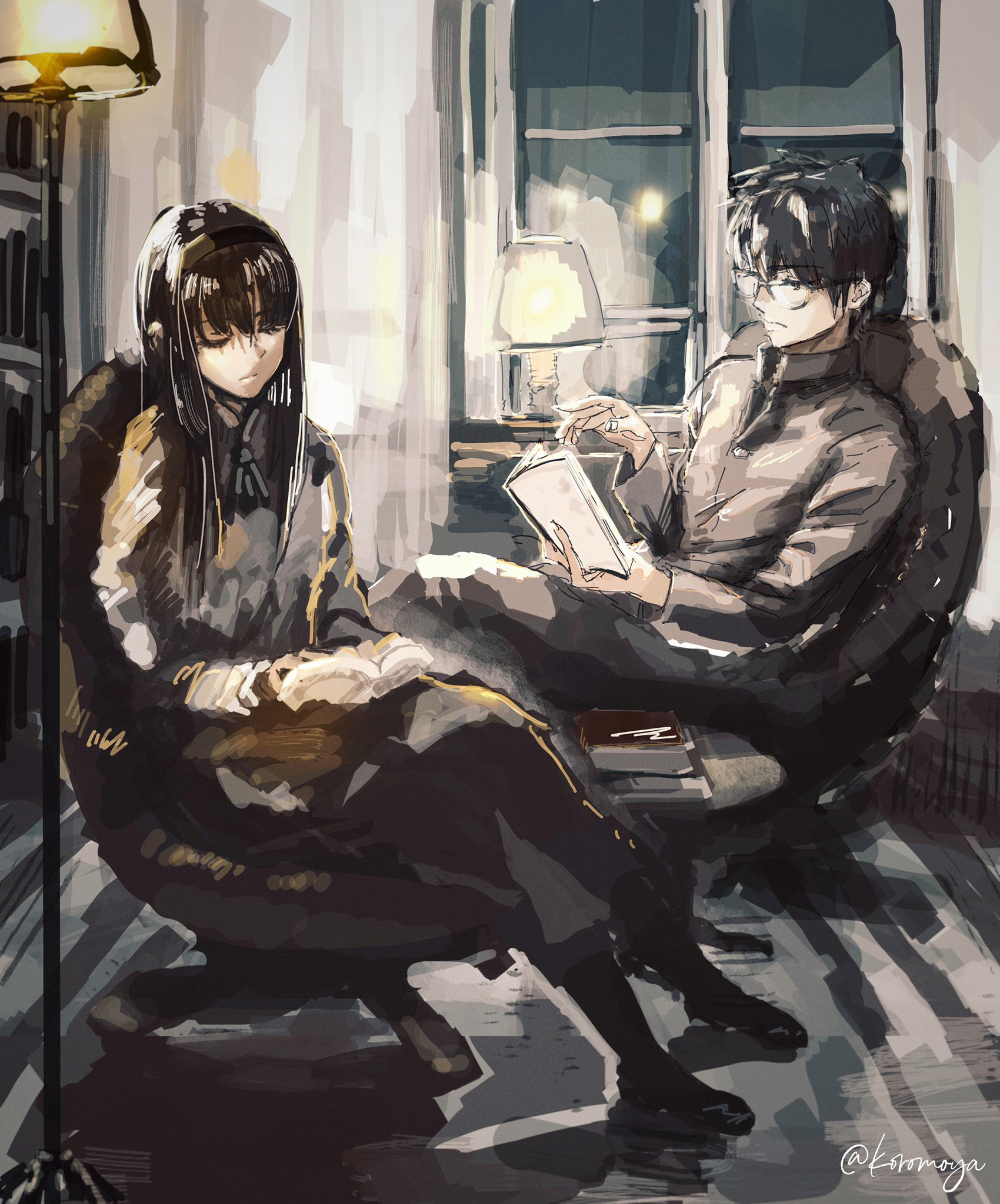 Safebooru - 1boy 1girl bangs black-framed eyewear black hair black skirt book brother and sister ...