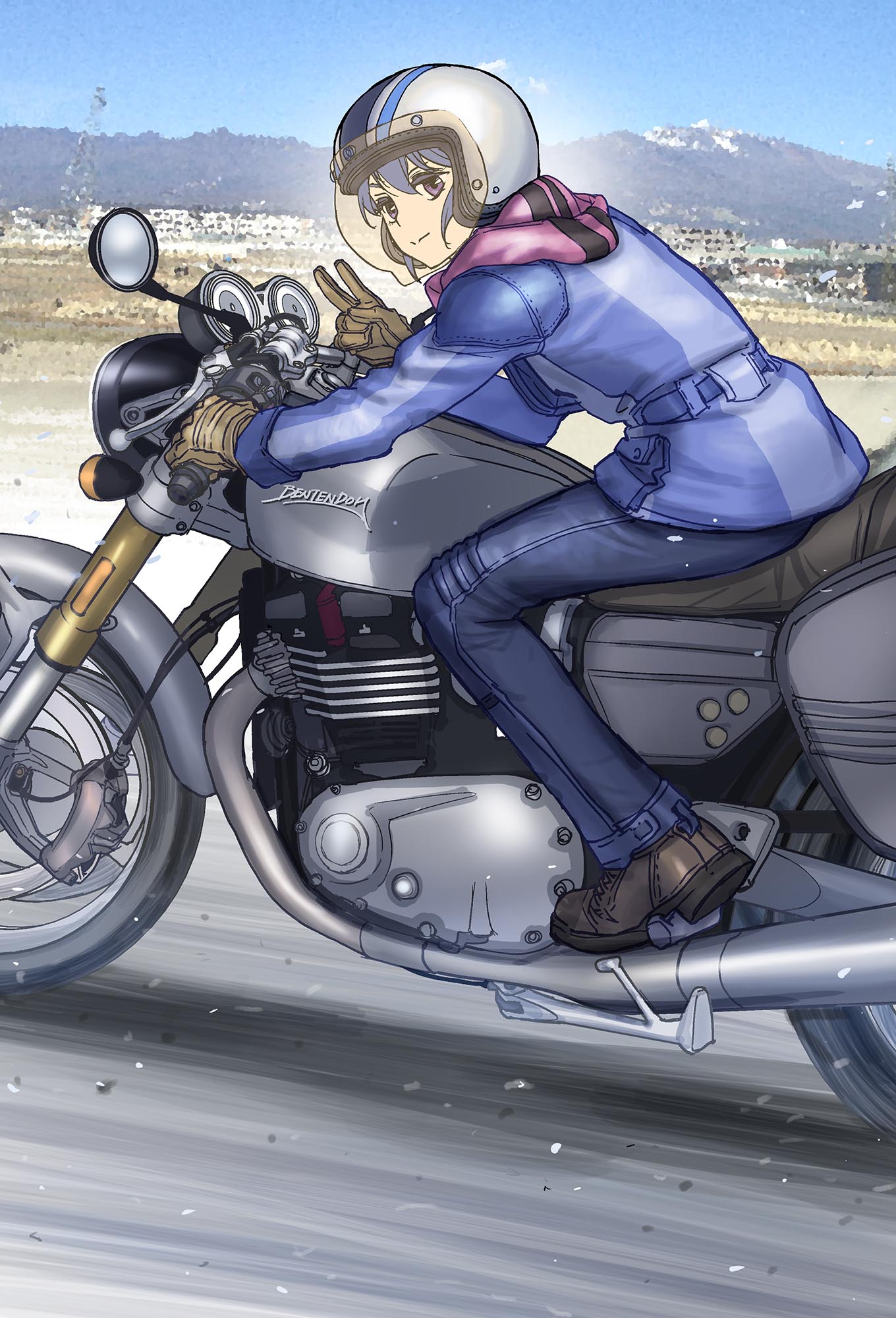 Safebooru - 1girl artist name blue jacket blue pants brown footwear brown gloves from side ...