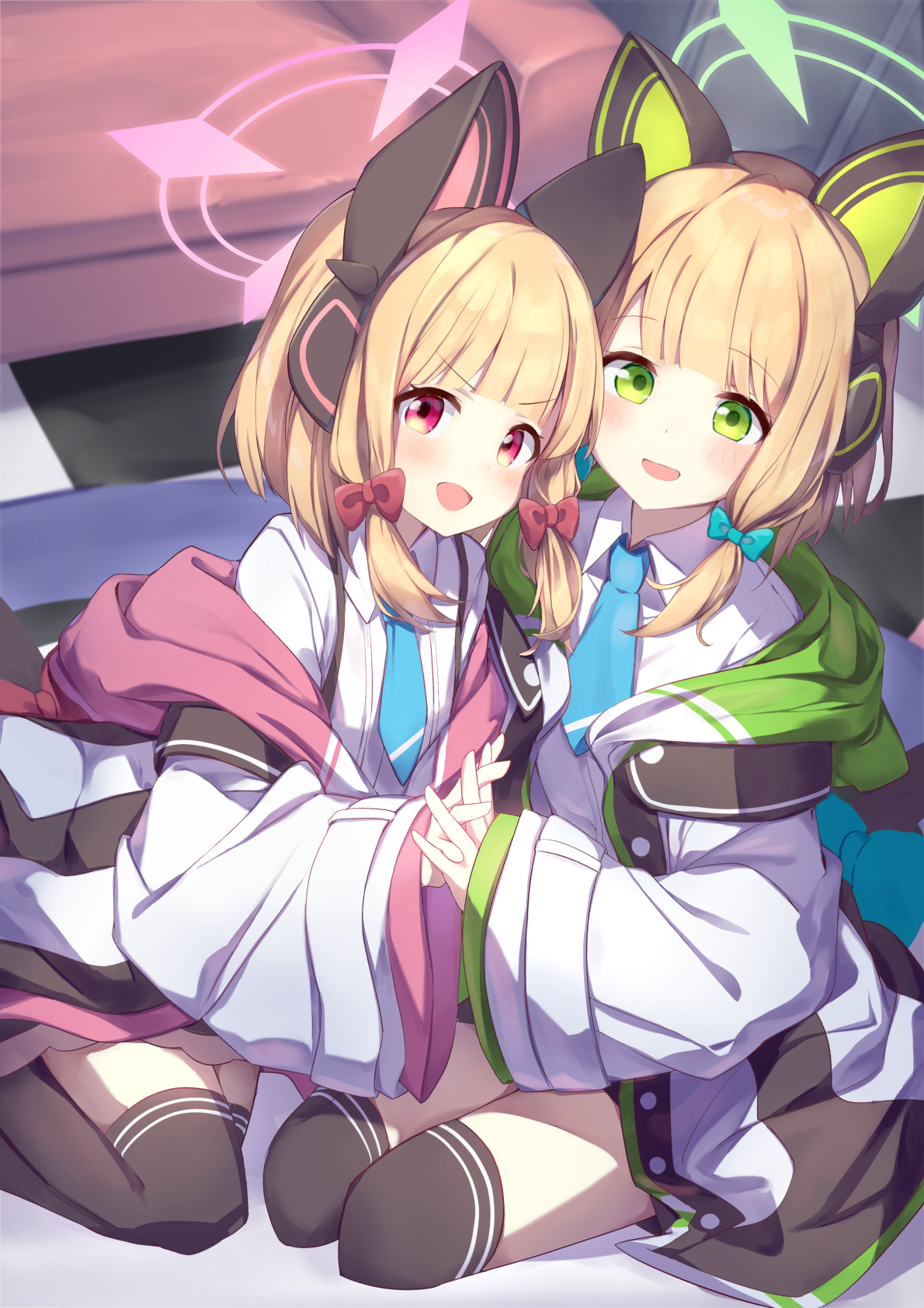 Safebooru - 2girls animal ear headphones animal ears aqua bow black thighhighs blonde hair blue ...