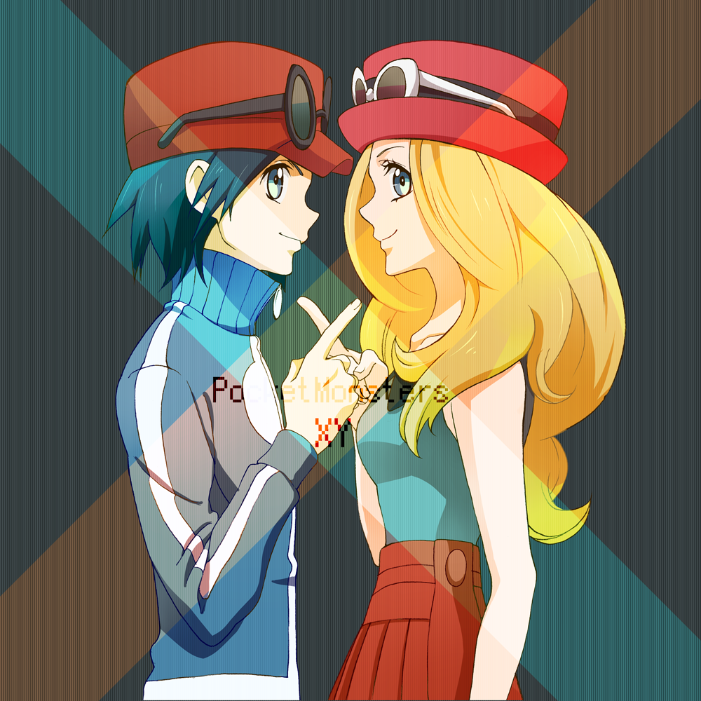 Safebooru - 1boy 1girl black background black hair black shirt blonde hair blue jacket calem ...