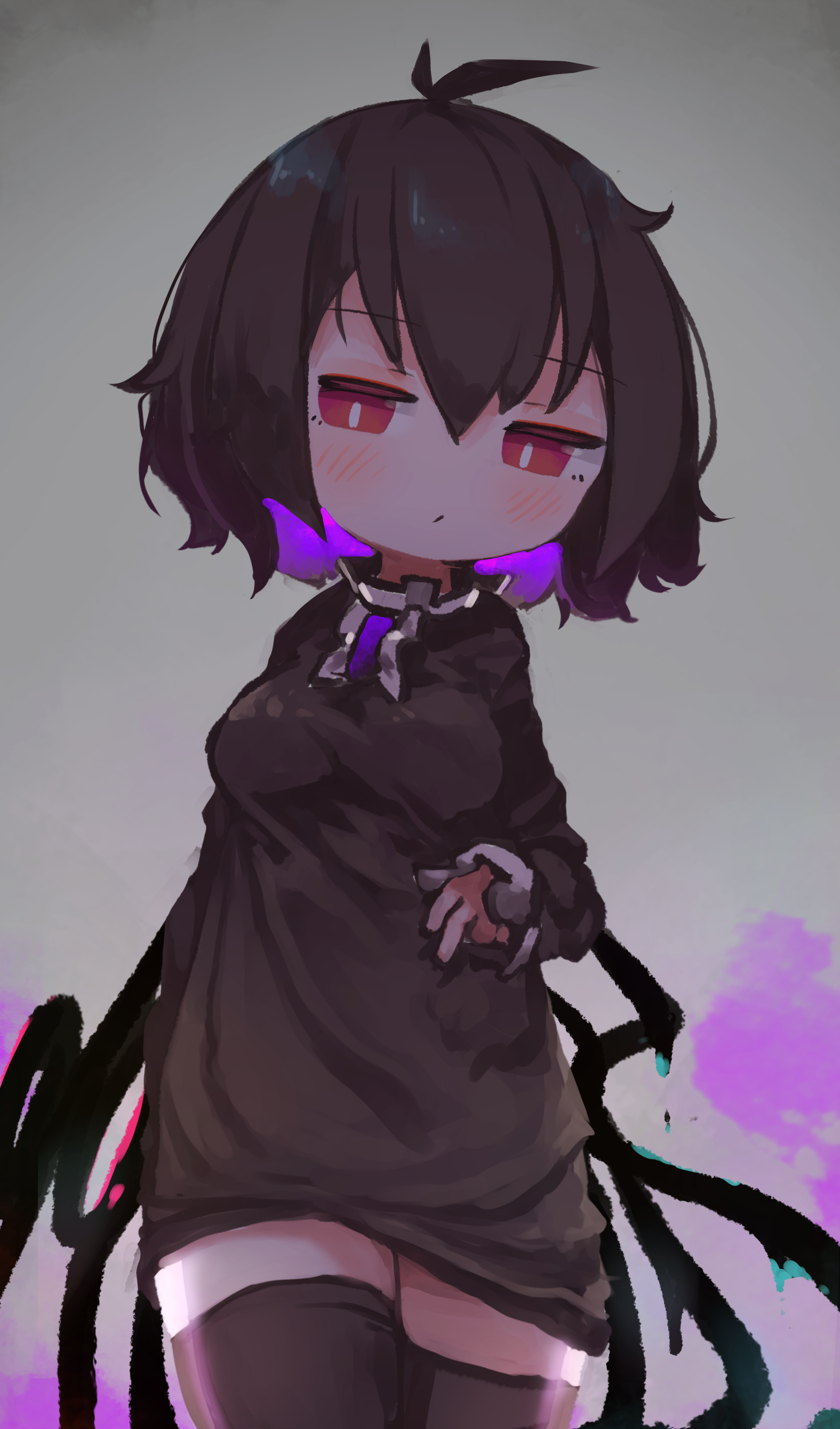 Safebooru - 1girl absurdres ahoge asymmetrical wings bangs black dress black hair black ...