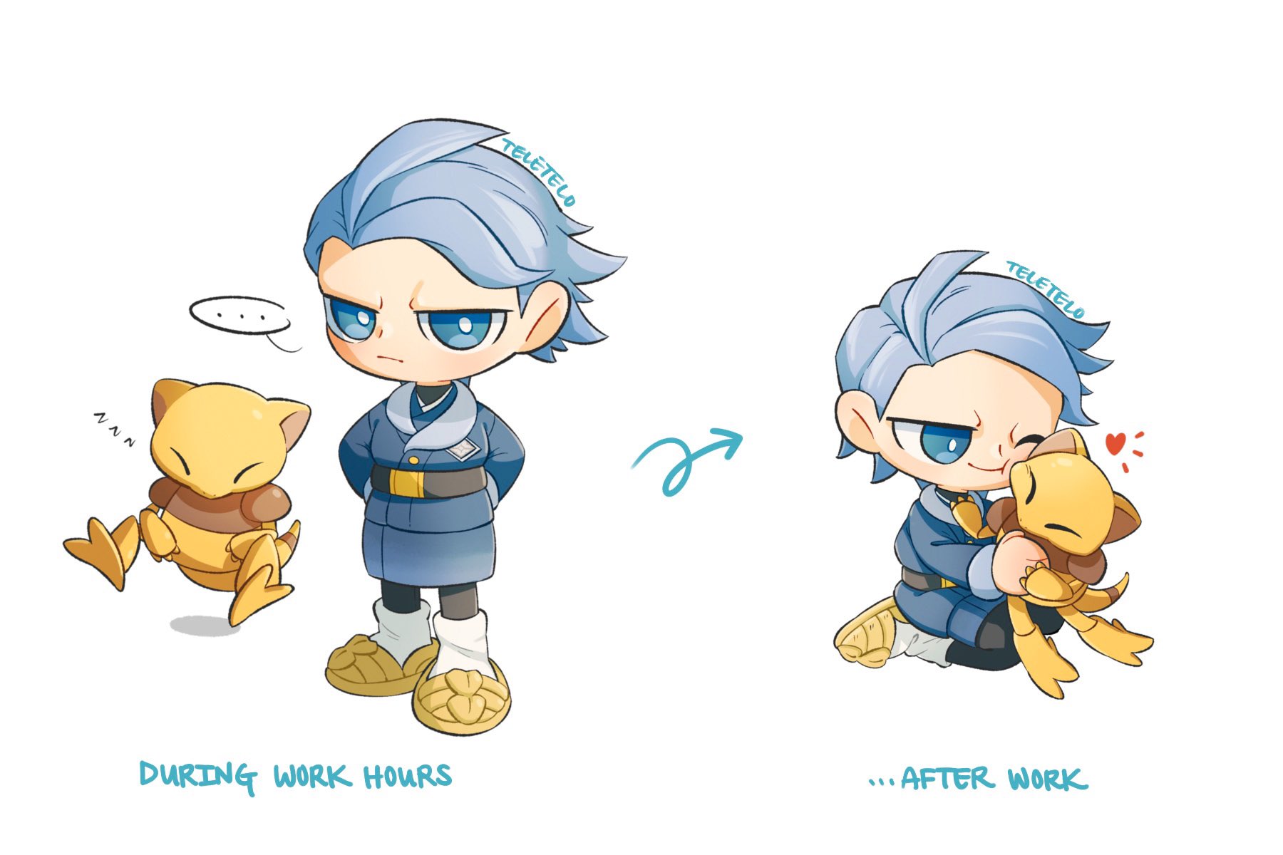 Safebooru - ... 1girl ;) abra arrow (symbol) artist name belt blue hair ...