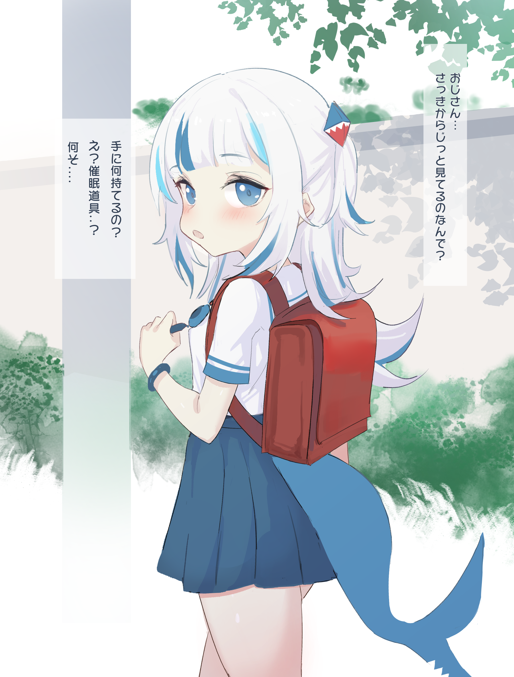 Safebooru - 1girl back backpack bag blue hair blush breasts crime prevention buzzer female child ...