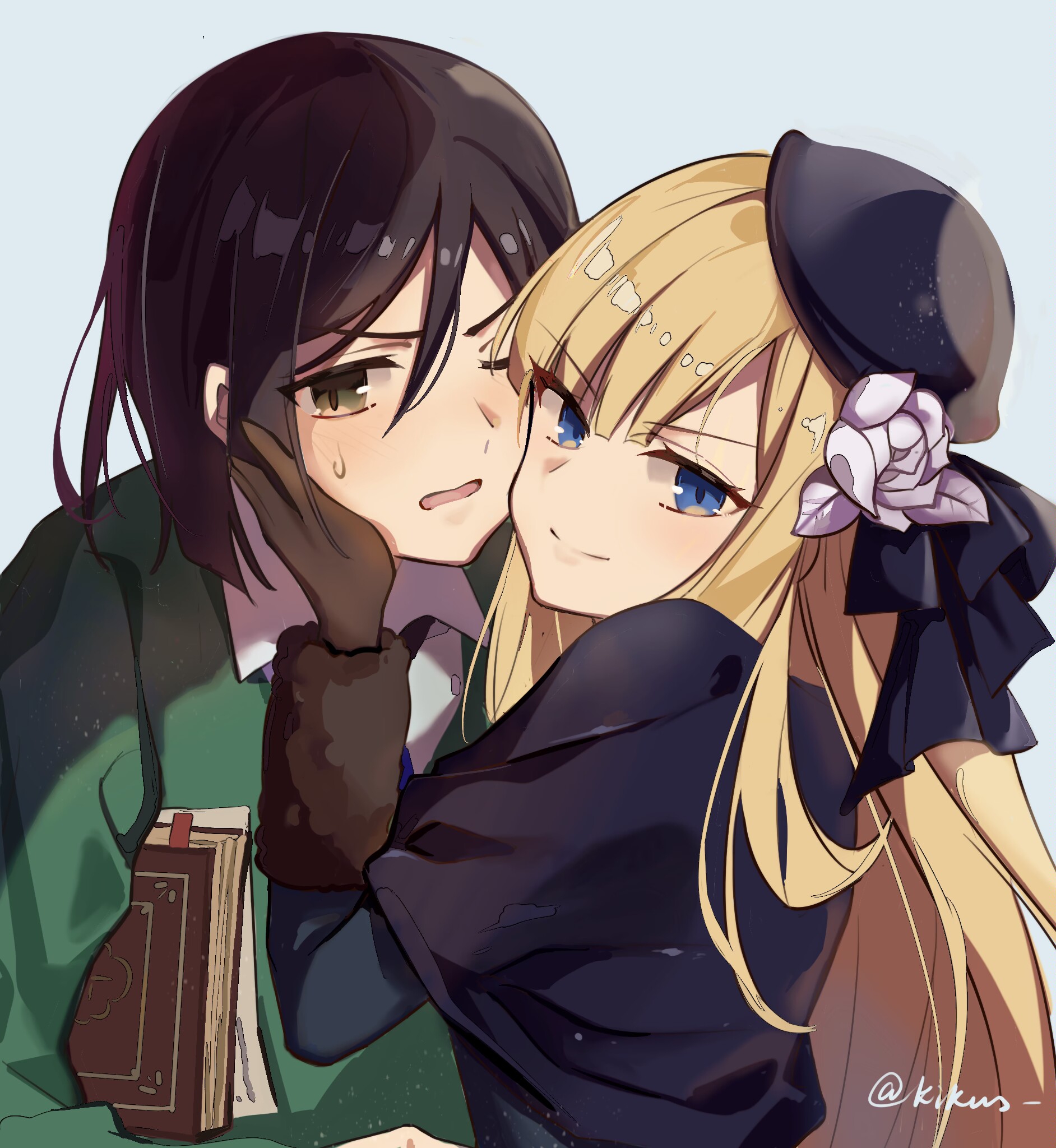 Safebooru - 1boy 1girl :o artist name bangs black hair black headwear blonde hair blue eyes blue ...