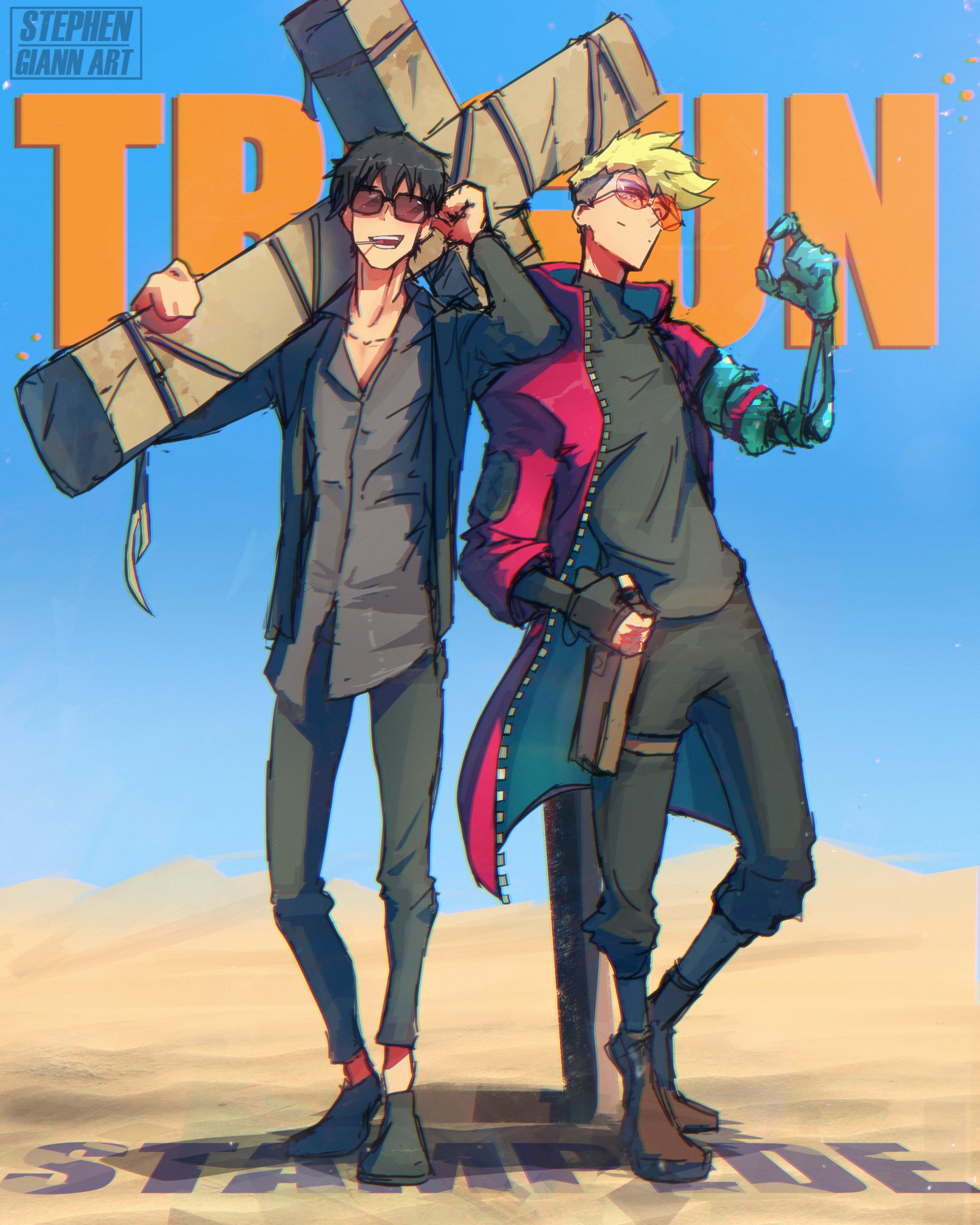 Safebooru - 2boys absurdres blue sky coat cross full body gun highres ...