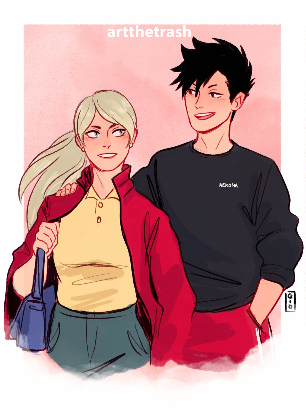 Safebooru - 1boy 1girl artthetrash bag bangs black hair blonde hair ...