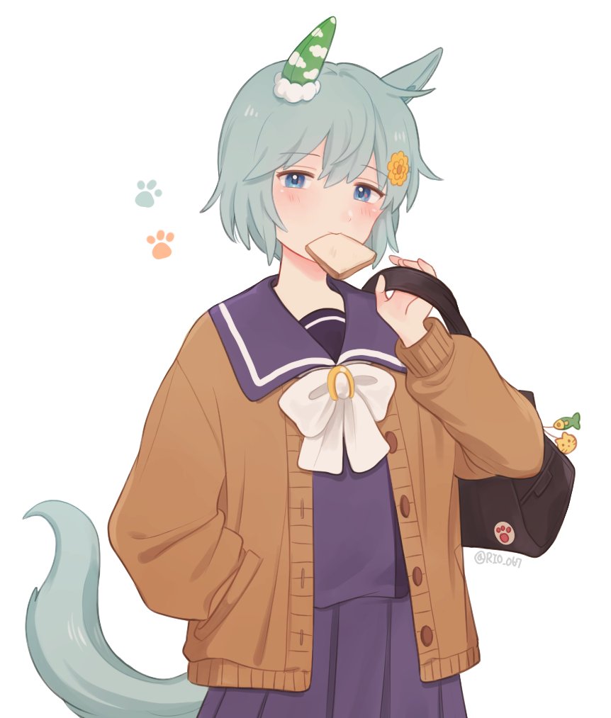 Safebooru - 1girl animal ears bag blue eyes blush bow bowtie cardigan food food in mouth green ...