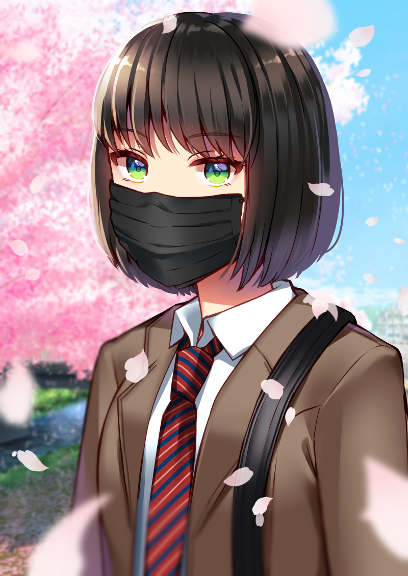 Safebooru - 1girl bangs black hair black mask black surgical mask blue eyes blue sky bob cut ...