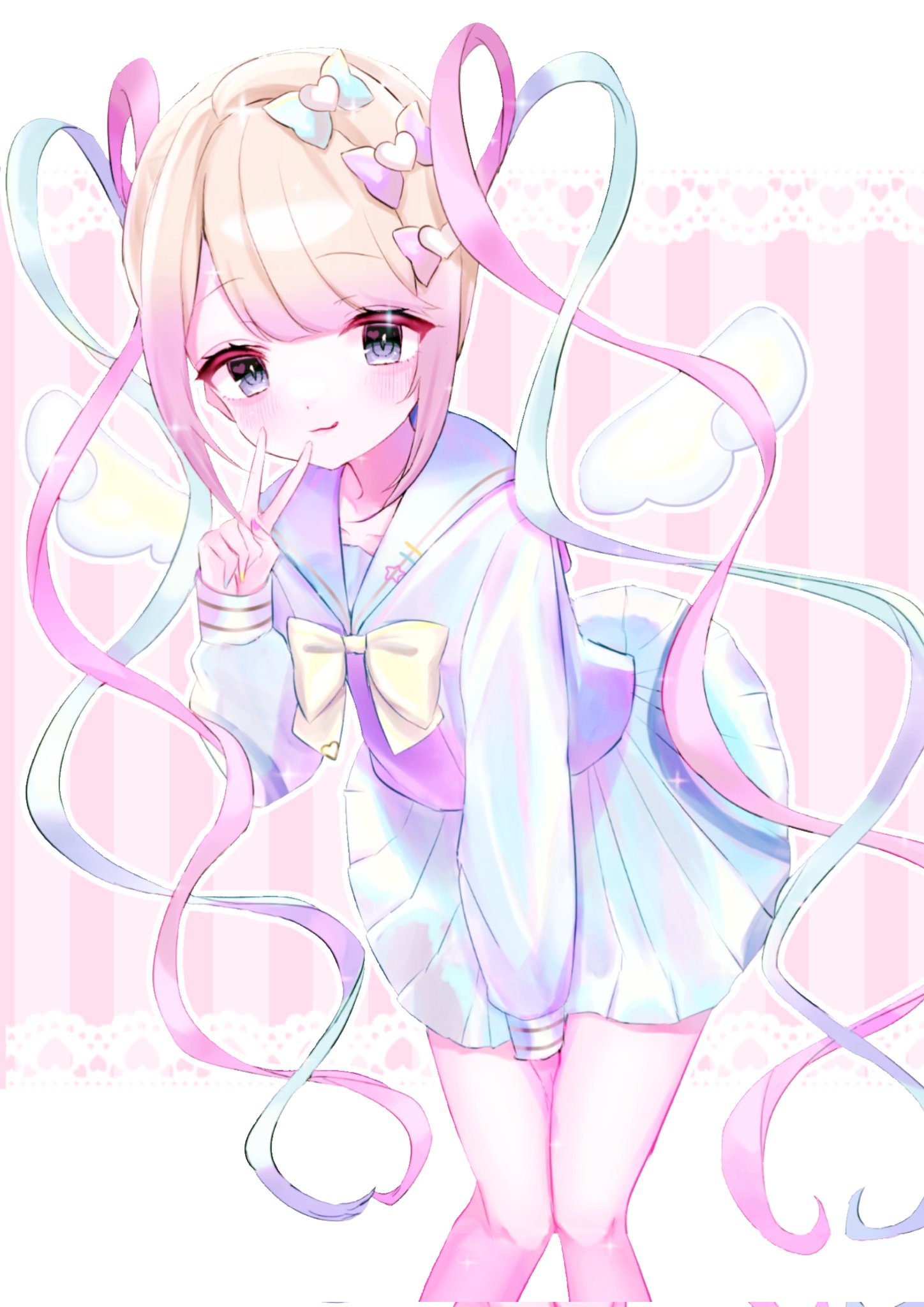 Safebooru - 1girl between legs blonde hair blue bow blue eyes blue hair blue nails blush bow ...