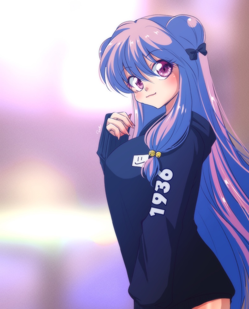 Safebooru - 1girl bangs bell black ribbon blue hair blue sweater blurry blurry background ...