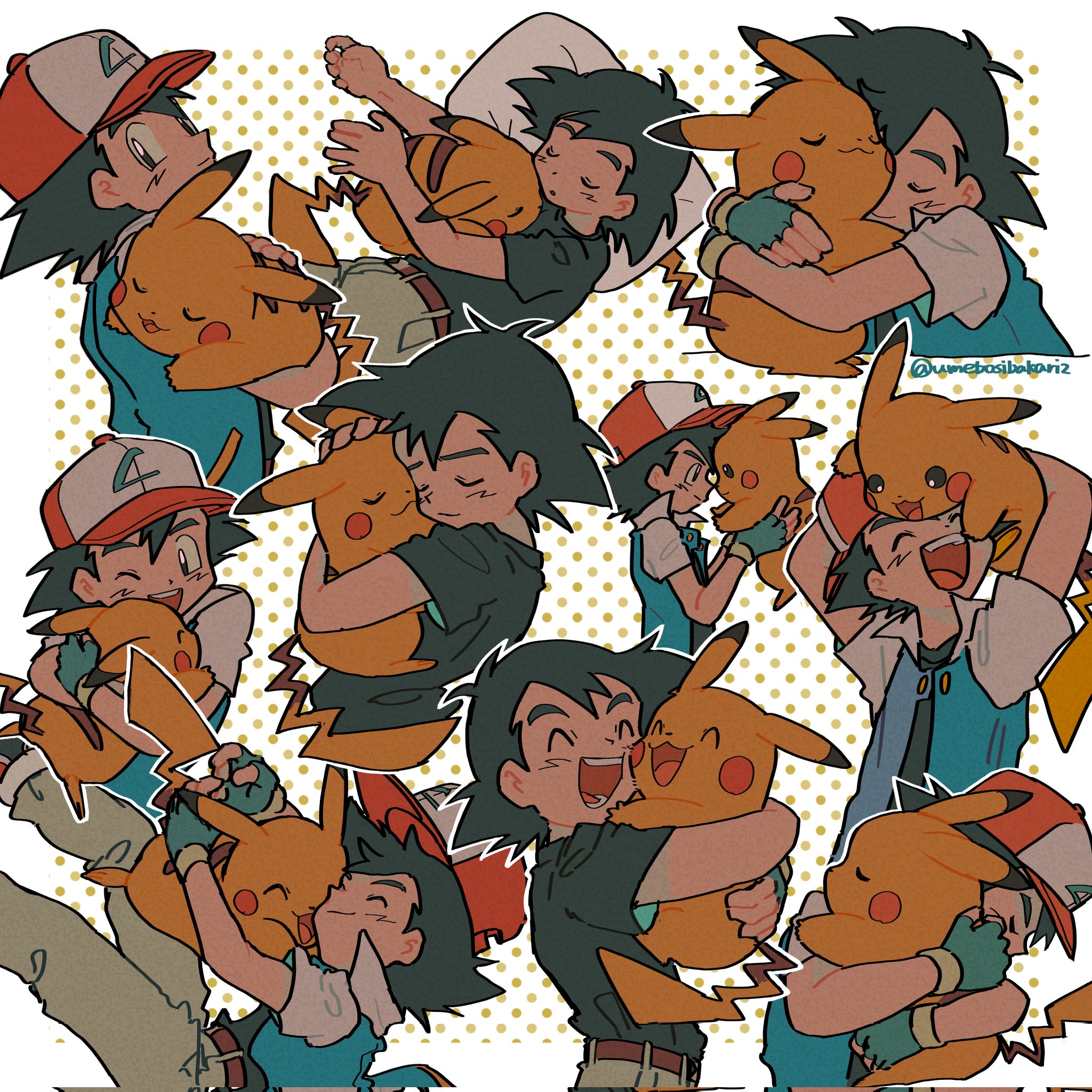 Safebooru - 1boy :3 :d ^ ^ animal hug ash ketchum baseball cap belt ...