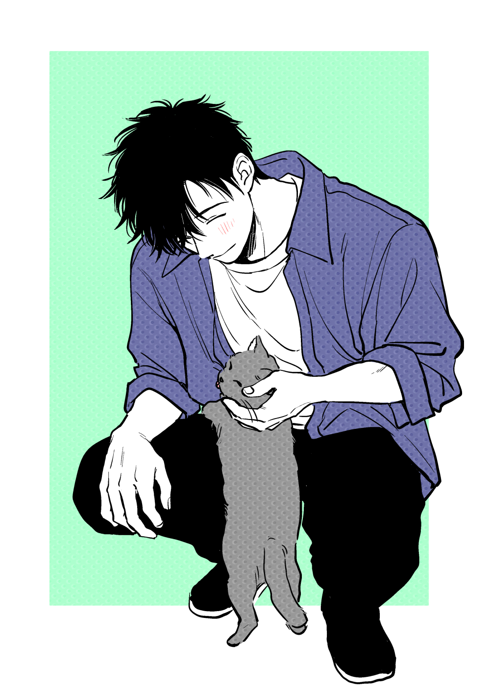 Safebooru - 1boy black footwear black hair black pants blush cat grey background grey cat ...