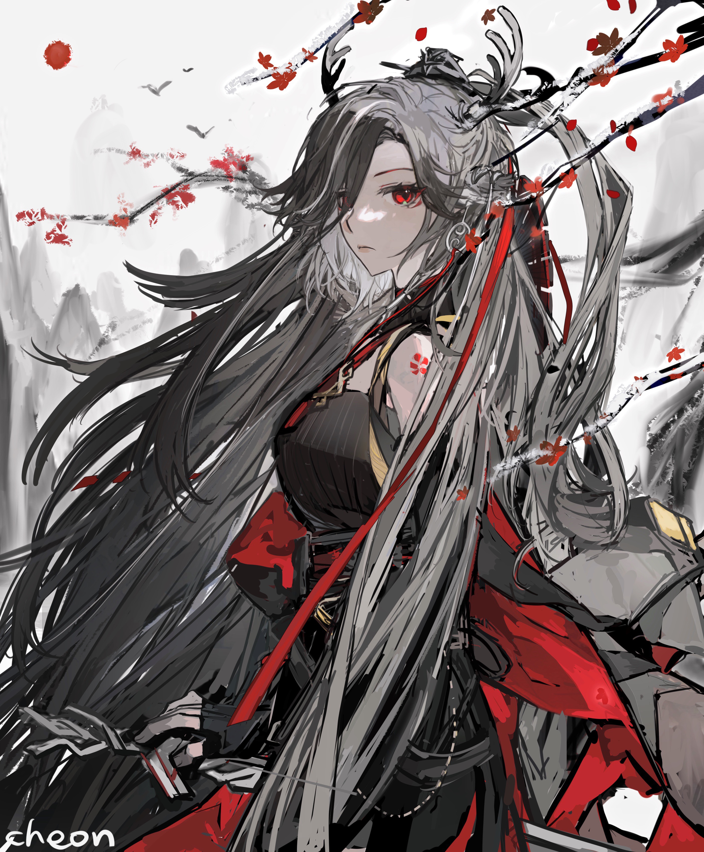 Safebooru - 1girl absurdres antlers arknights artist name black dress branch chinese commentary ...