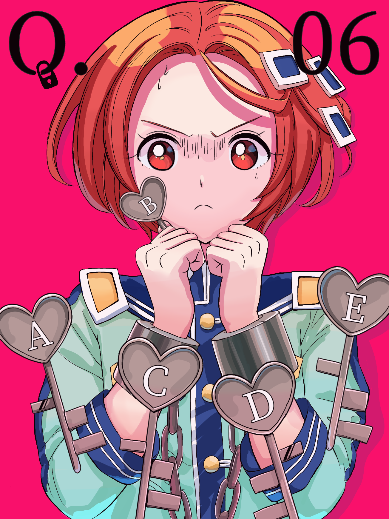 Safebooru - 1boy chain cipher academy cuffs frown handcuffs highres holding holding key ...