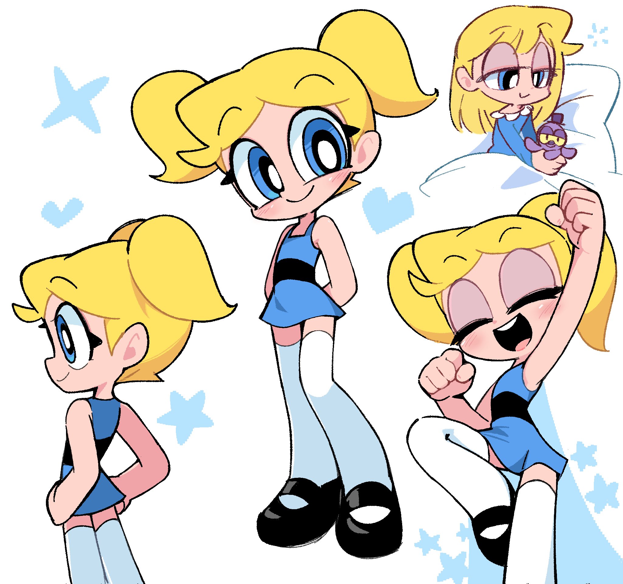 Safebooru - 1girl alternate legwear black footwear blonde hair blue dress blue eyes bubbles (ppg ...