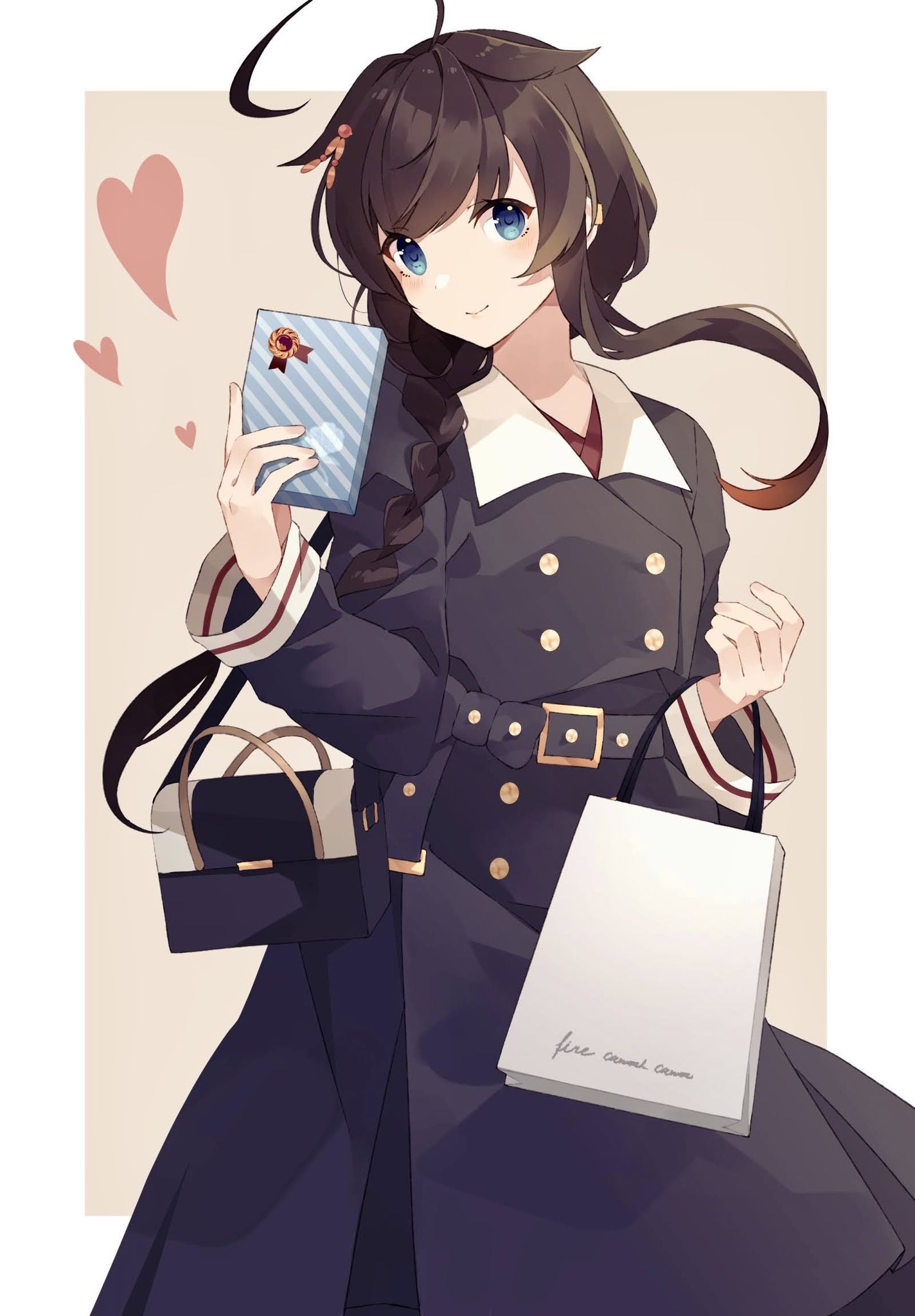 Safebooru - 1girl ahoge bag belt black belt black coat blue eyes blush border box braid brown ...