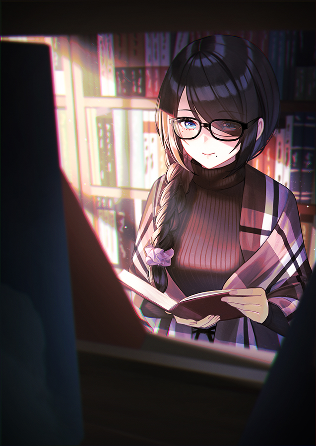 Safebooru - 1girl bangs black hair blue eyes book bookshelf braid eyes visible through hair ...